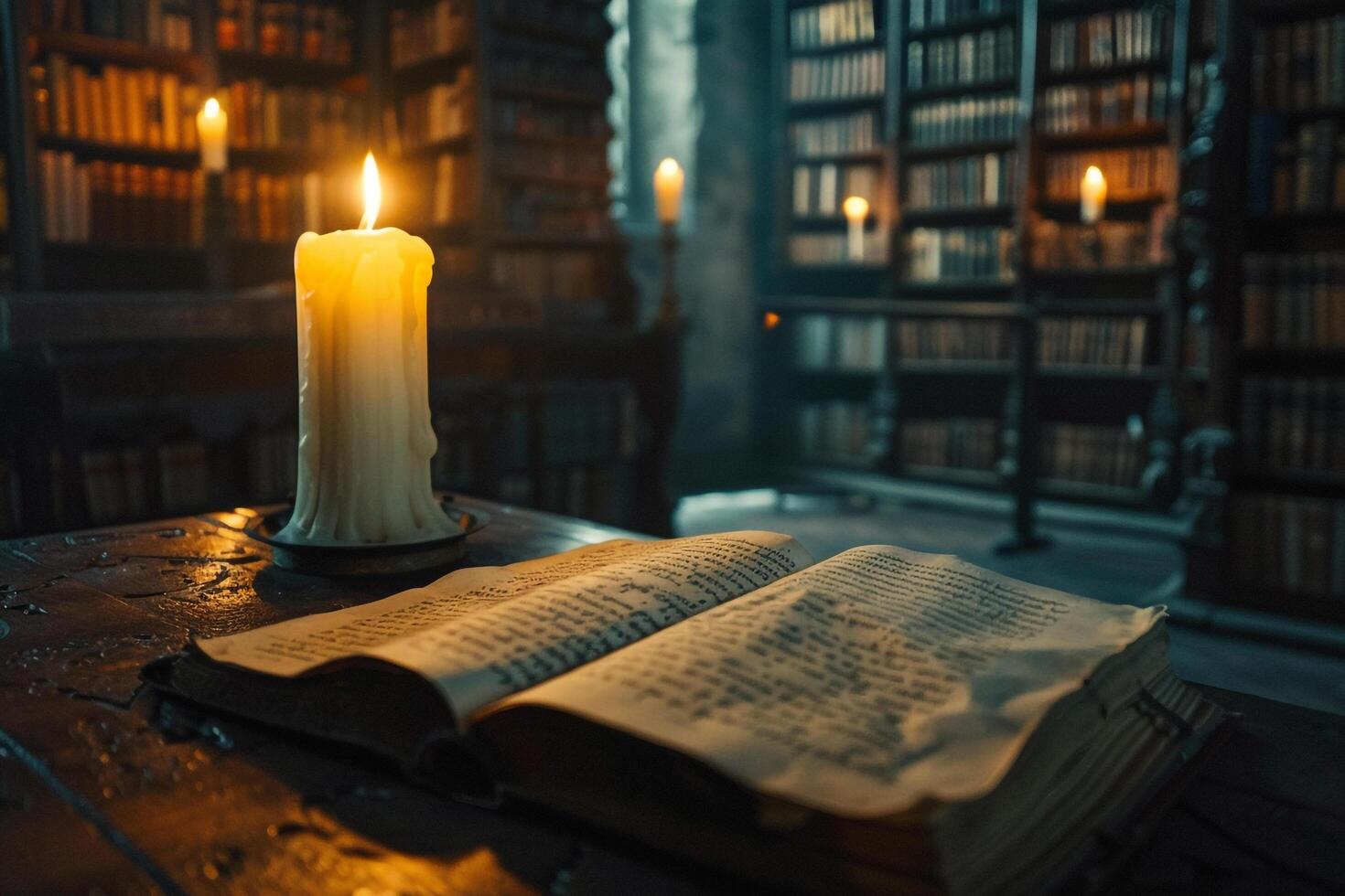 Flickering candlelight casting shadows on ancient manuscripts in a ... Flickering candlelight casting shadows on ancient manuscripts in a ...