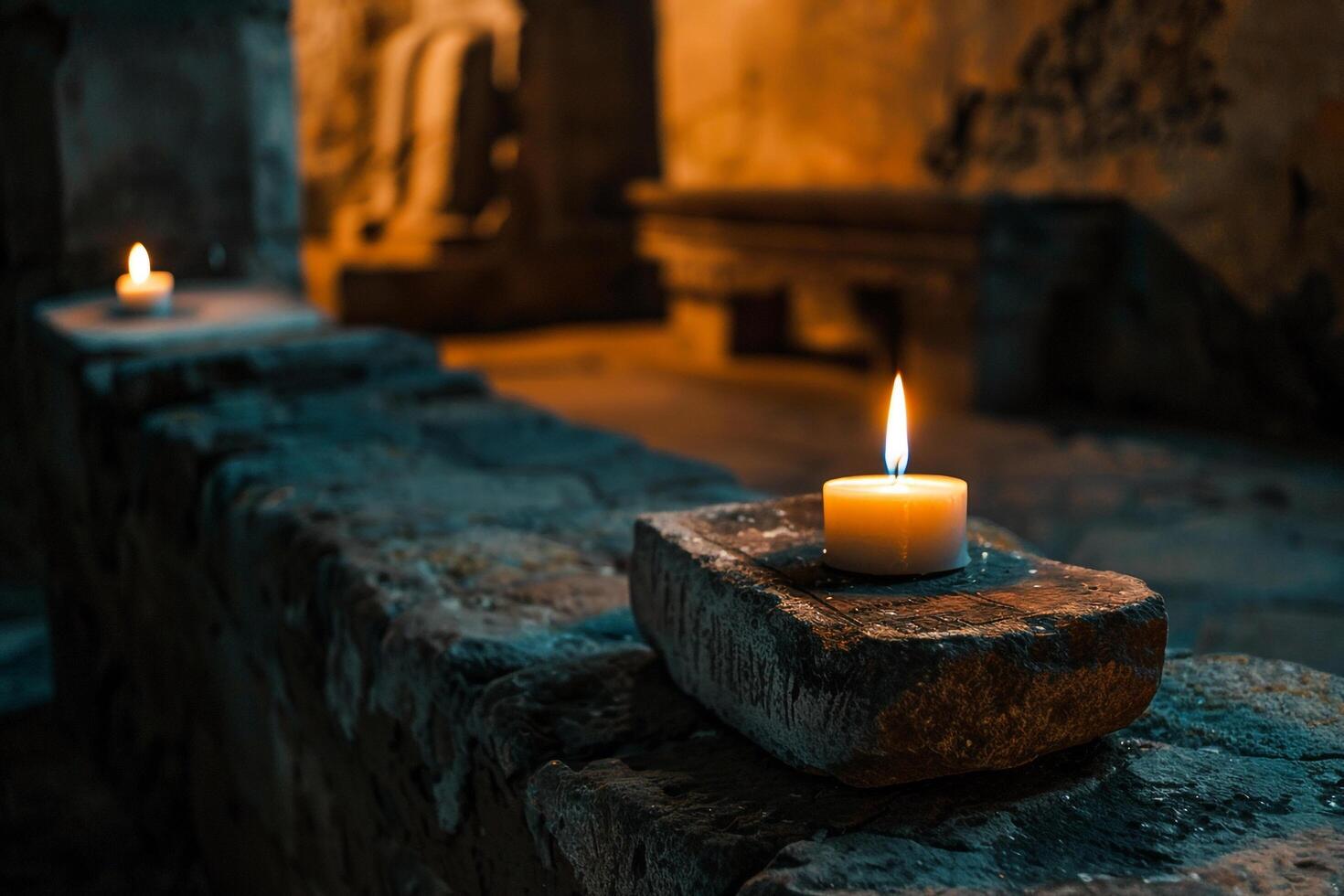 Flickering candlelight casting shadows on ancient artifacts in ... Flickering candlelight casting shadows on ancient artifacts in ...