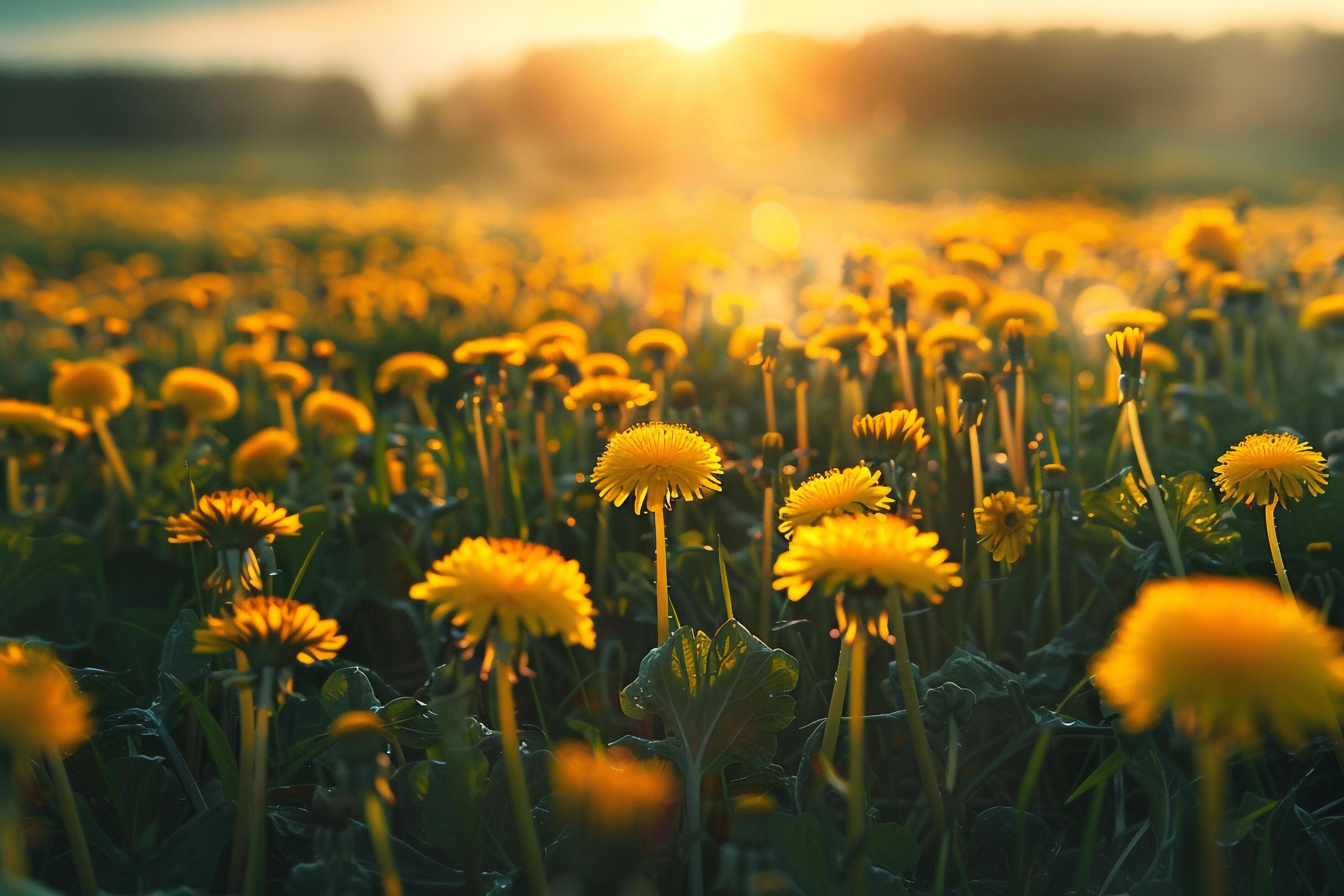 Fields of yellow dandelions under bright spring sun nature background ...