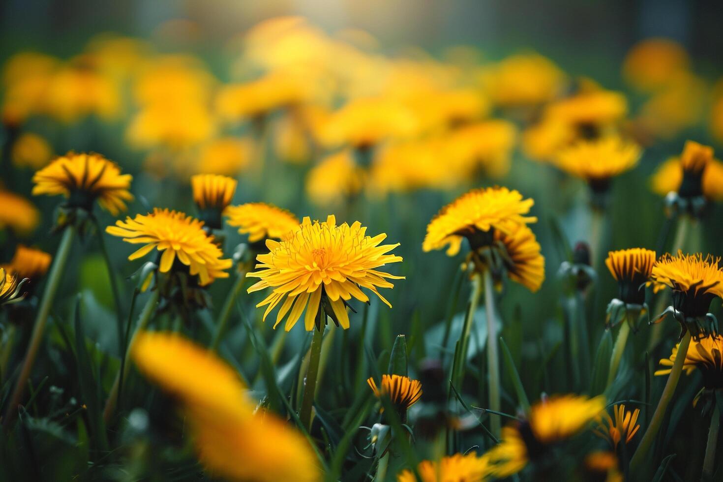 Fields of yellow dandelions under a bright spring sun nature background ...