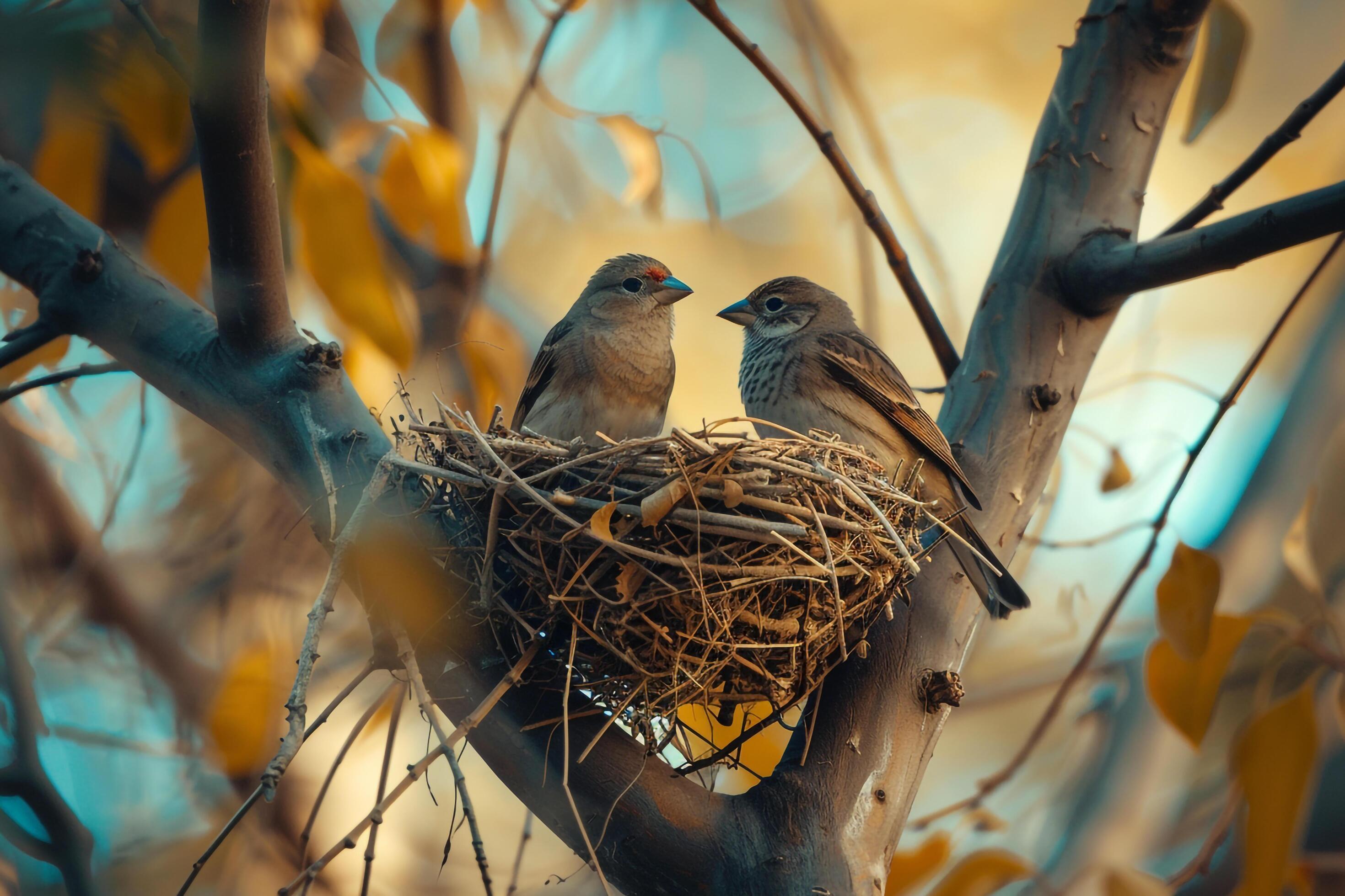 Pair of Finches Constructing Nest in Tree Exchanging Twigs with ...