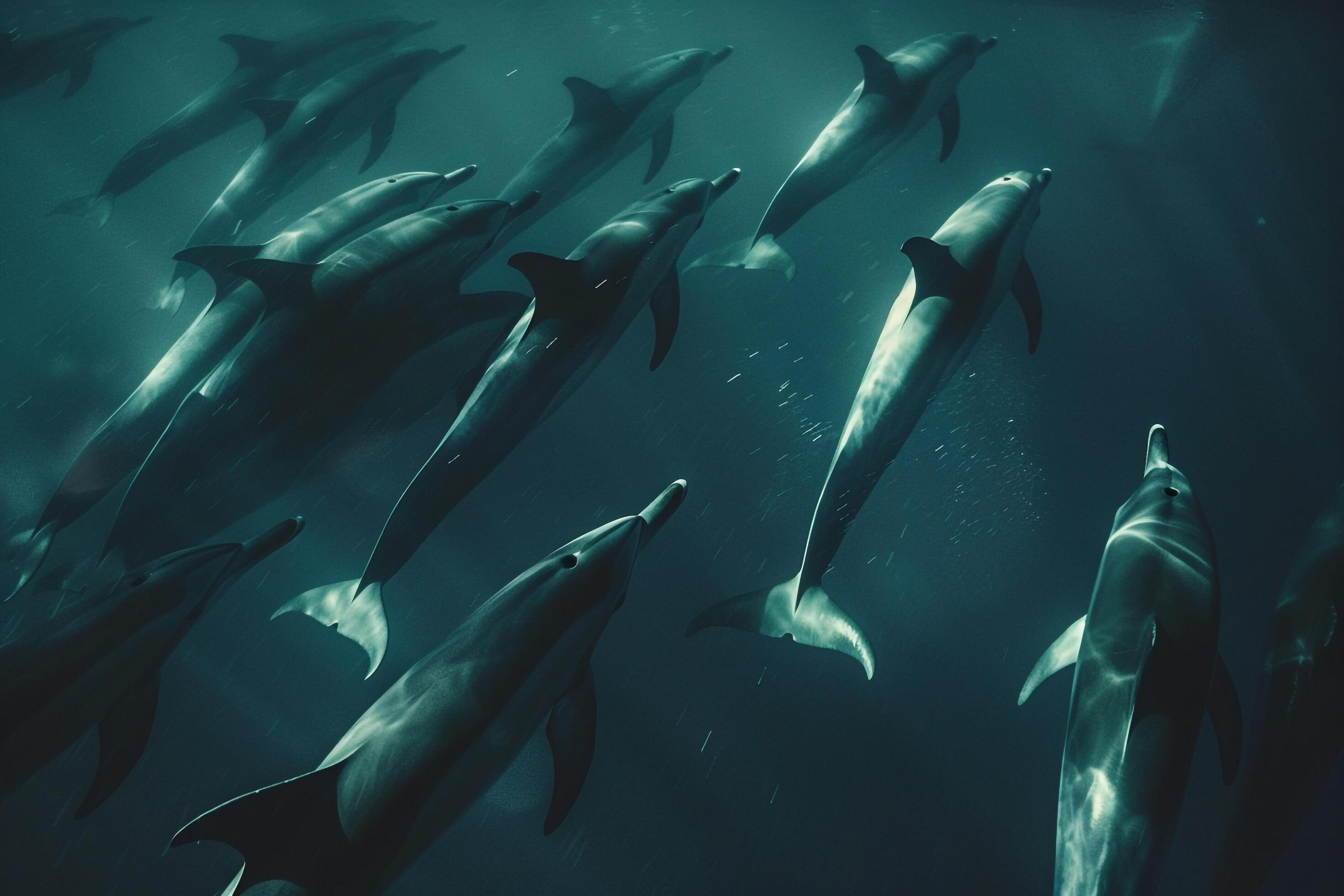 Dolphins Swimming Gracefully in Bioluminescent Waters with Nature and Background 48620335 Stock ...