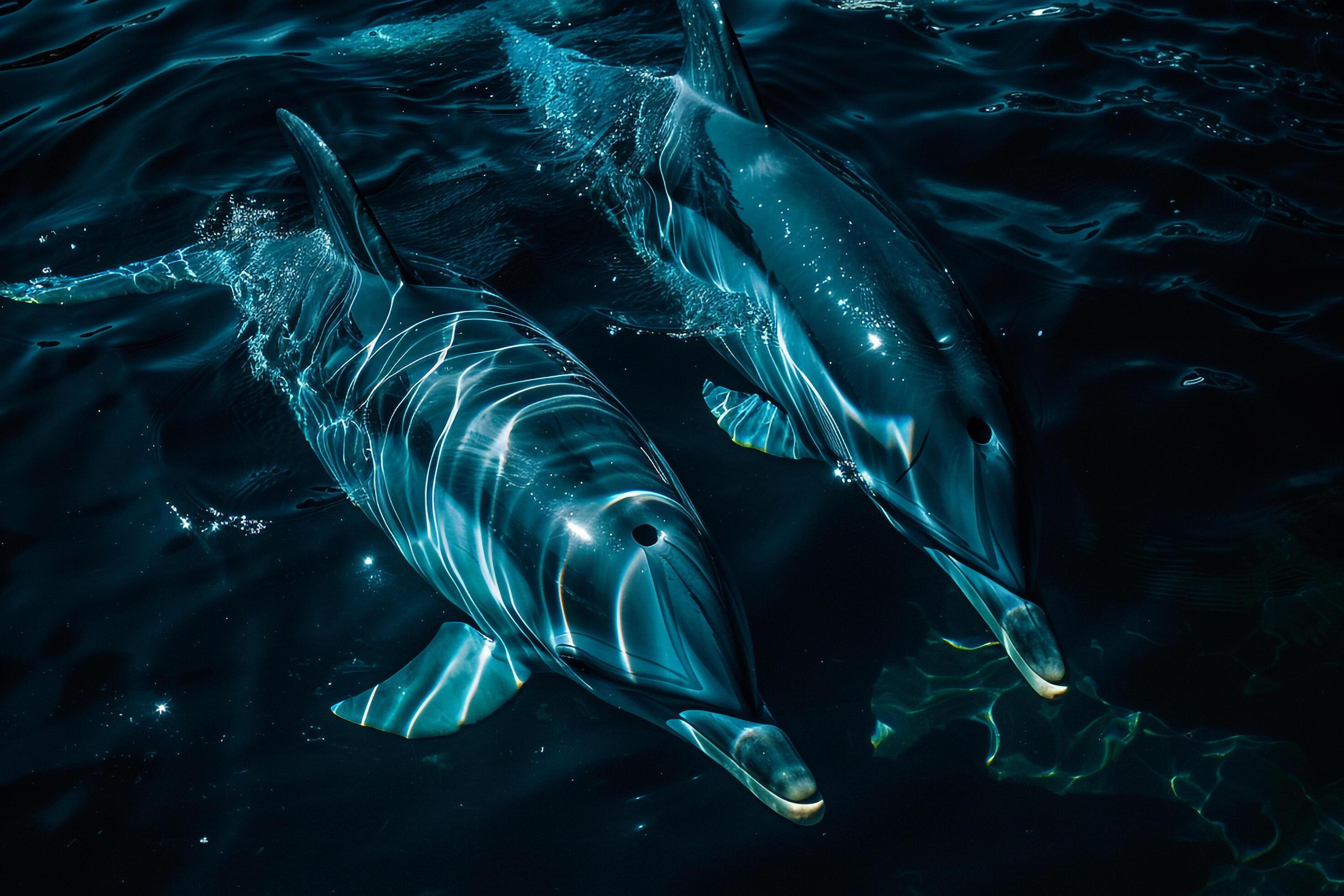 Dolphins Swimming Gracefully in Bioluminescent Waters with Nature and Background 48620337 Stock ...
