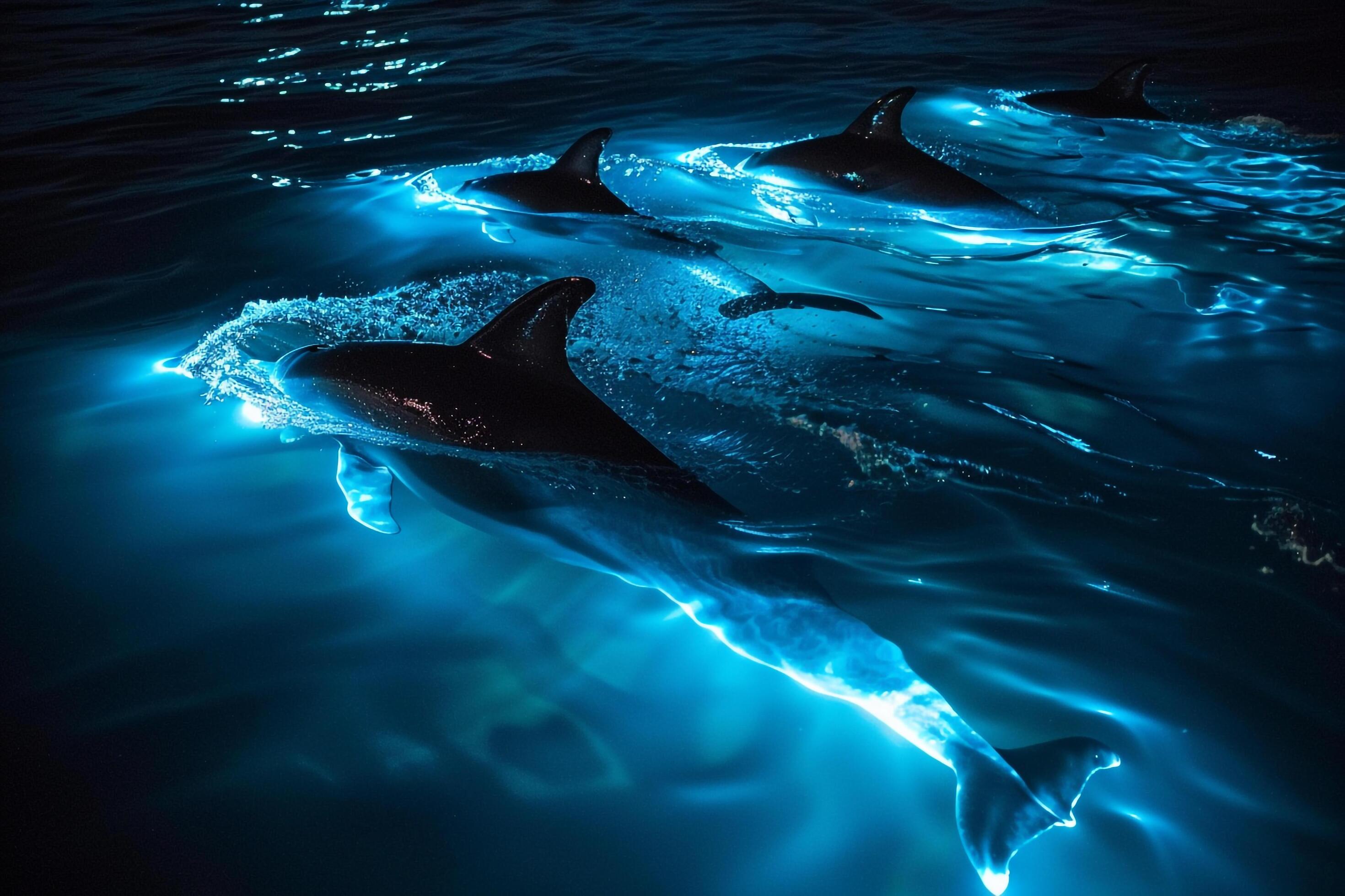 Dolphins Swimming Gracefully in Bioluminescent Waters with Nature and Background 48620354 Stock ...