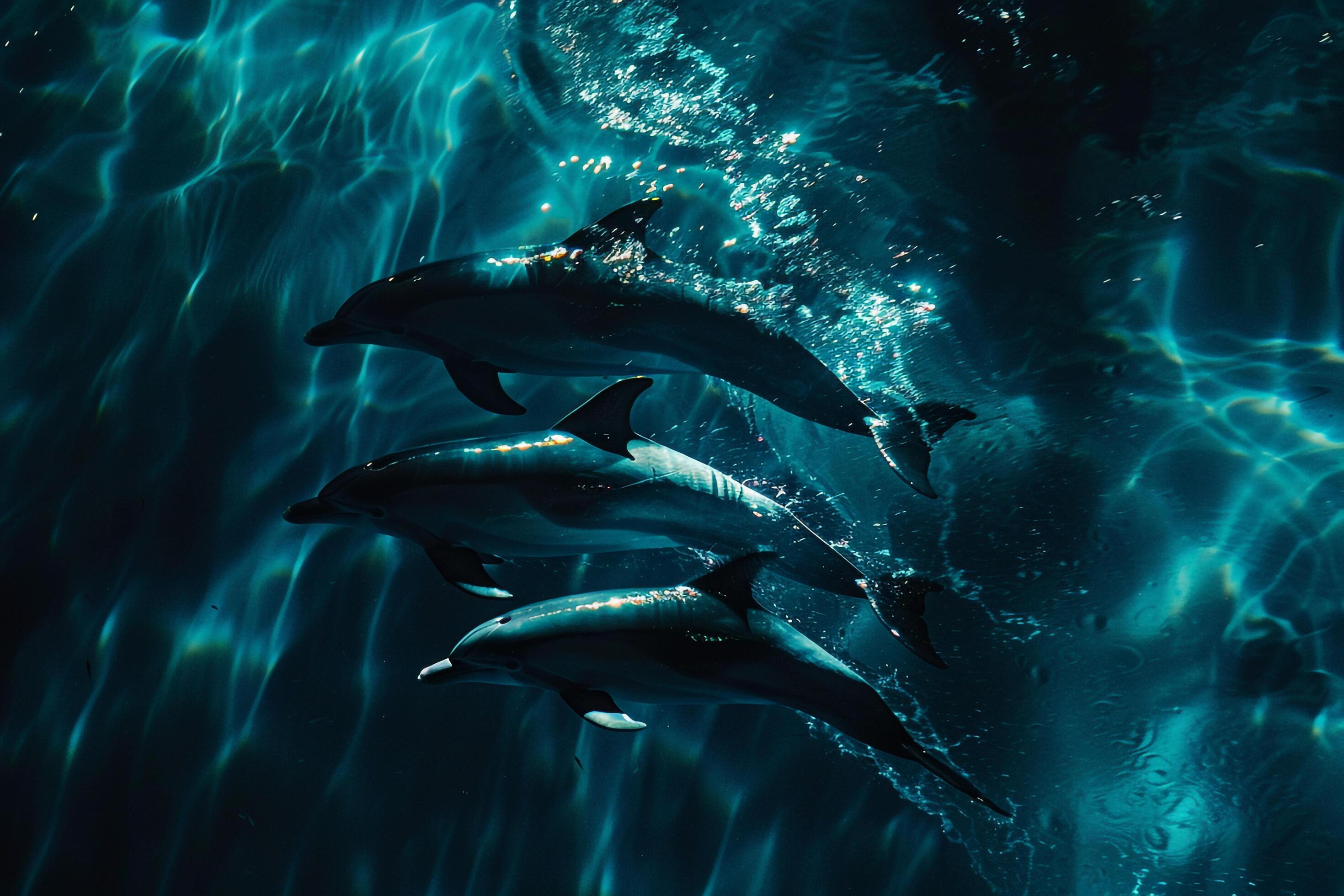 Dolphins Swimming Gracefully in Bioluminescent Waters with Nature and Background 48620356 Stock ...