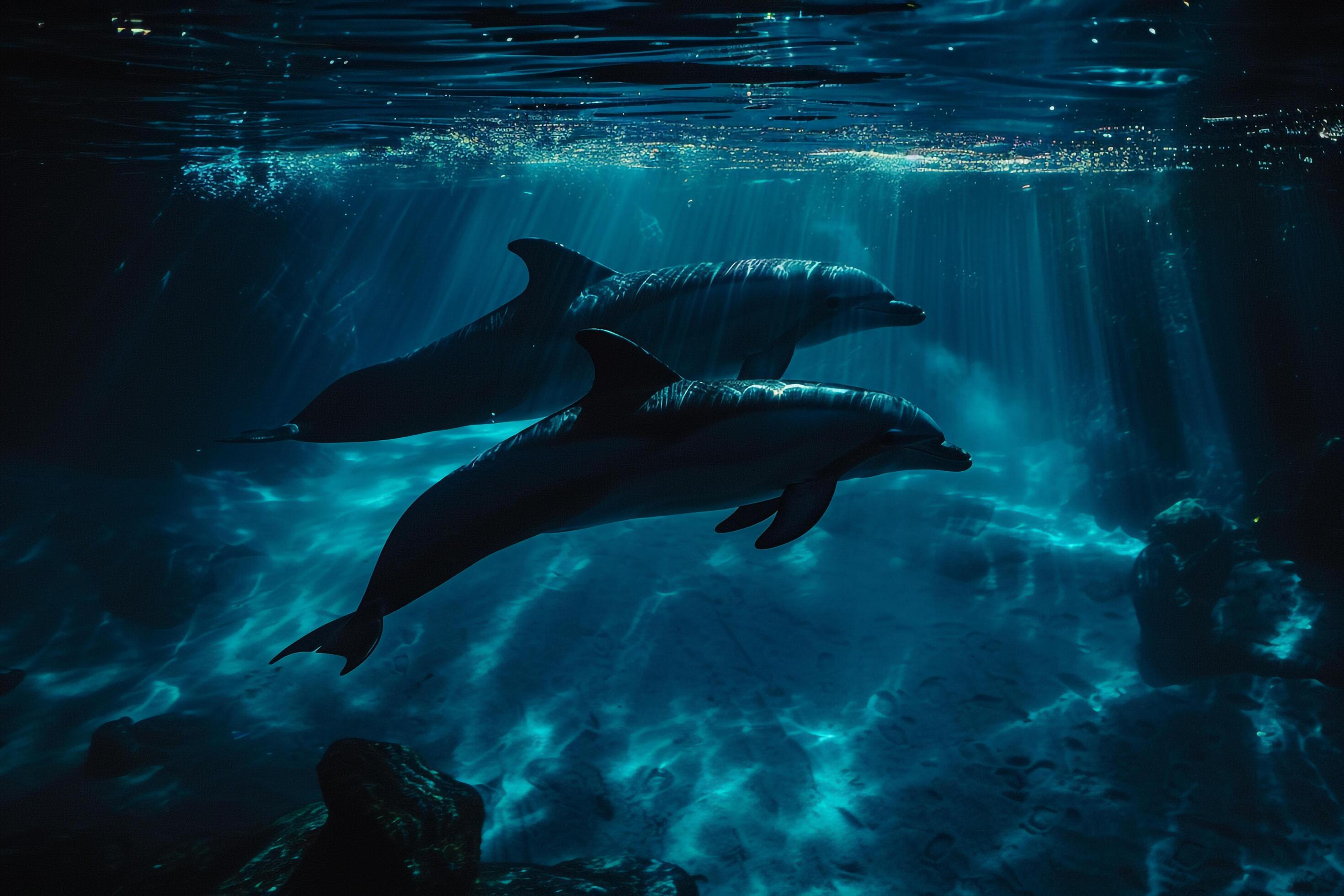 Dolphins Swimming Gracefully in Bioluminescent Waters with Nature and Background 48620370 Stock ...