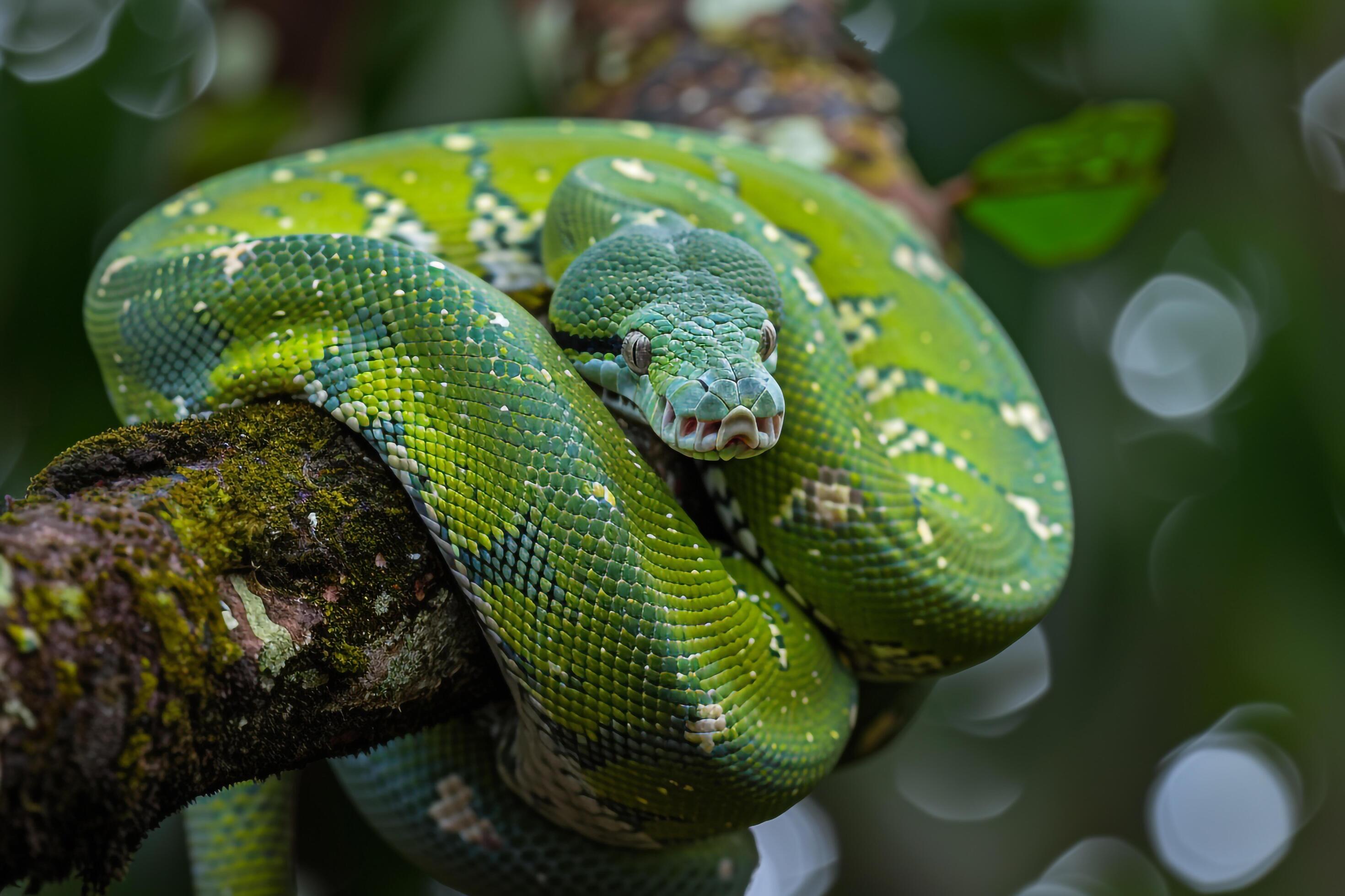 Green Tree Python Coiled Around a Tree Branch Nature Background ...