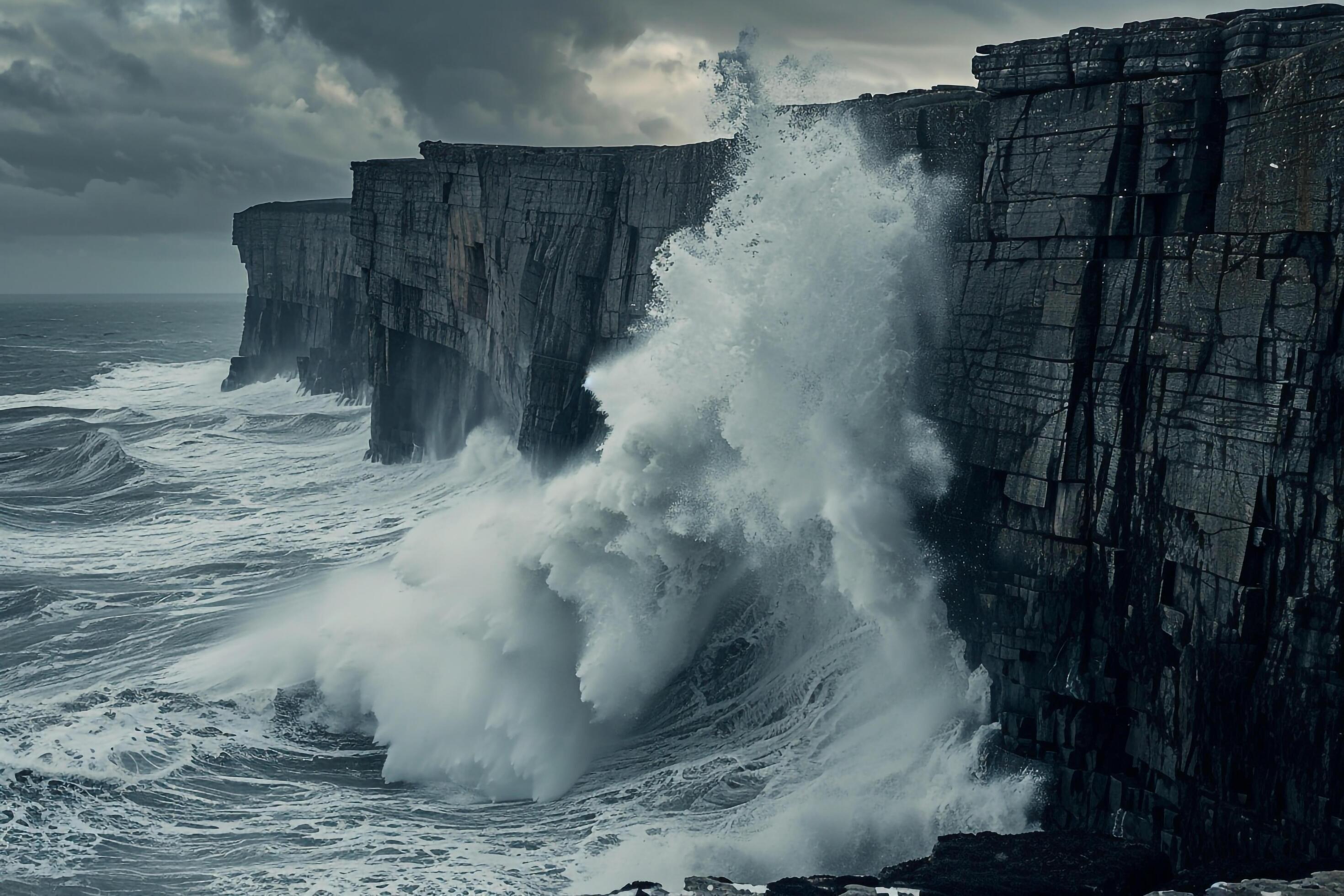 Massive Waves Crashing Against Rugged Cliffs During a Storm Dramatic ...