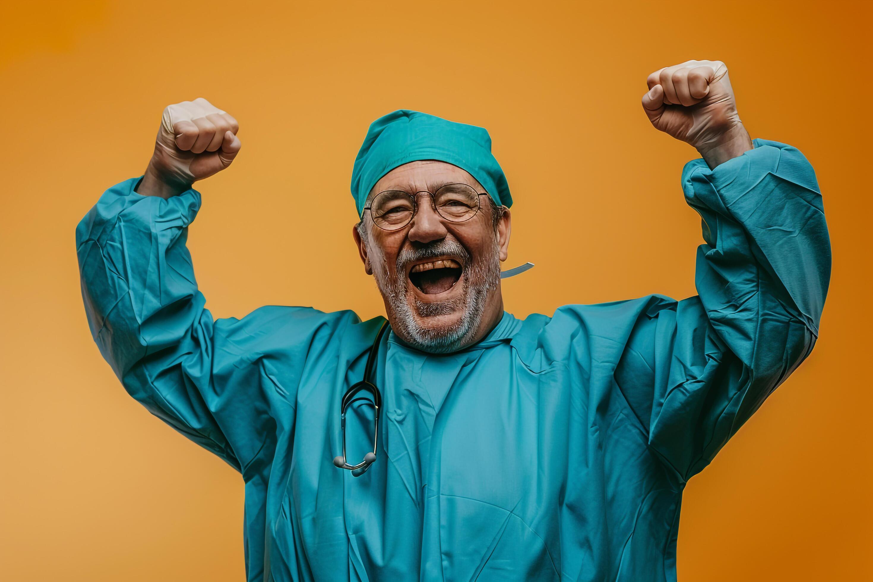Surgeon in Scrubs Celebrating a Successful Operation with Cheerful ... Surgeon in Scrubs Celebrating a Successful Operation with Cheerful ...