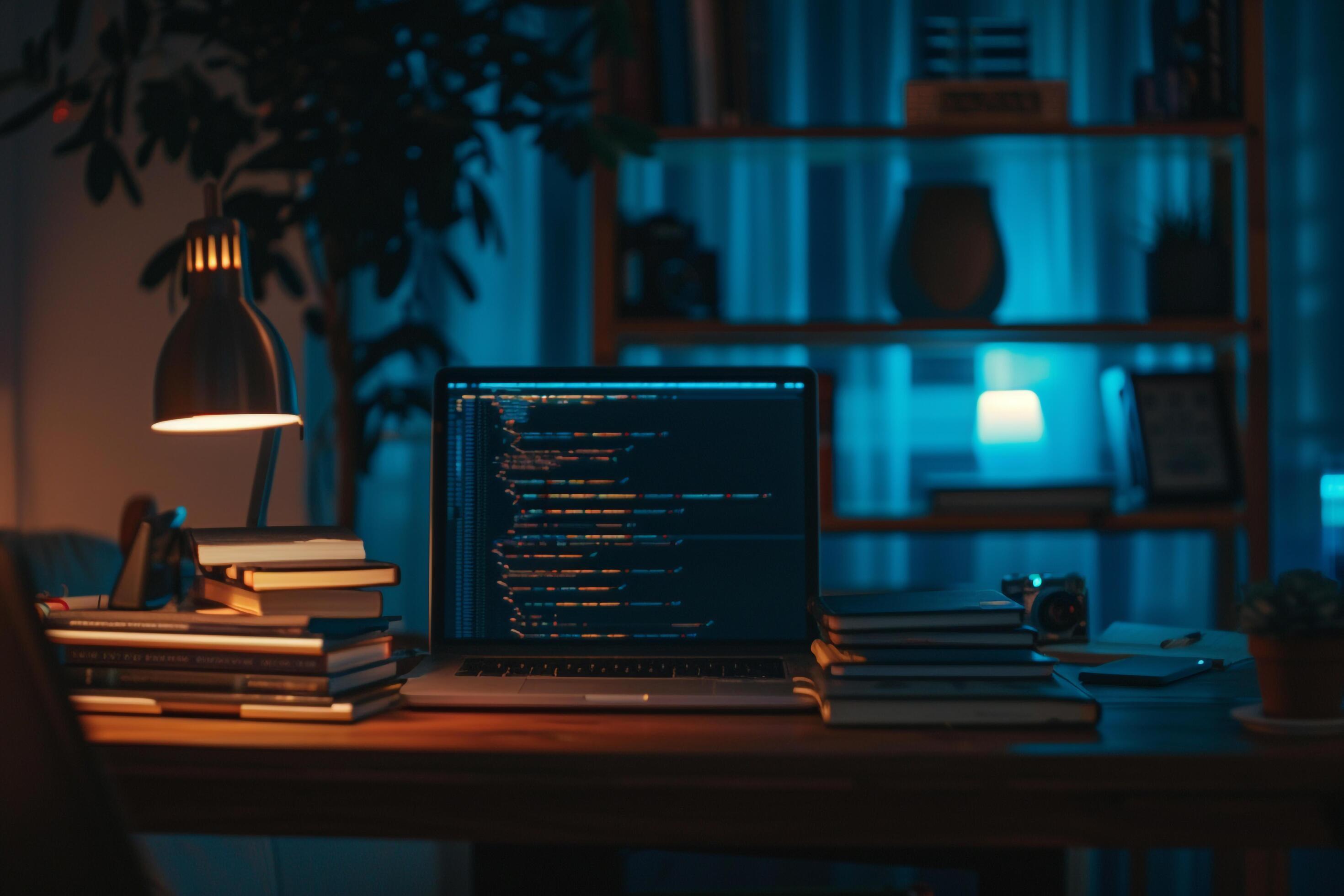 Programmers Desk with Laptop and Coding Books for Tech Work Background ...