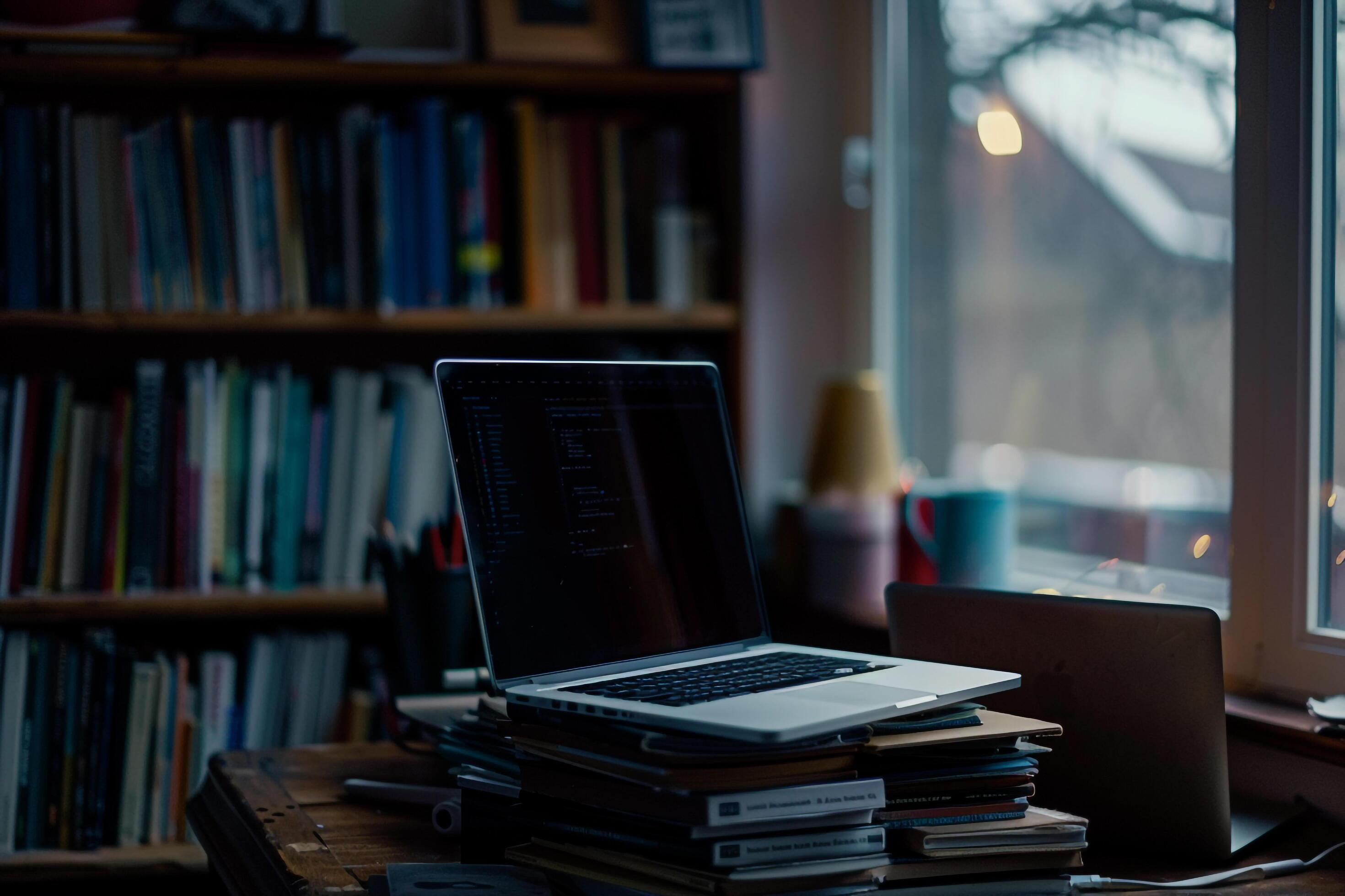Programmers Desk Setup with Laptop Coding Books and Workspace ...