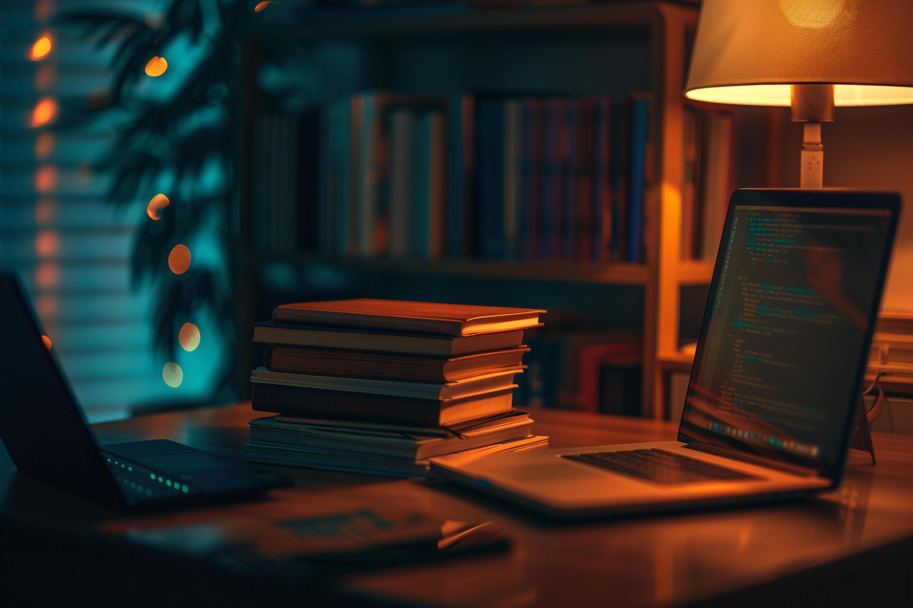 Programmers Desk with Laptop and Coding Books in Tech Setup Background ...