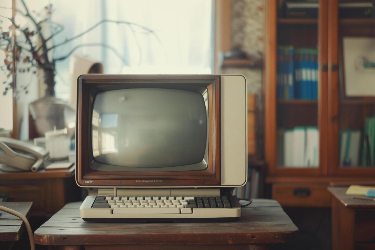 Retro Vintage Desktop Computer Mockup With Classic Tech Background