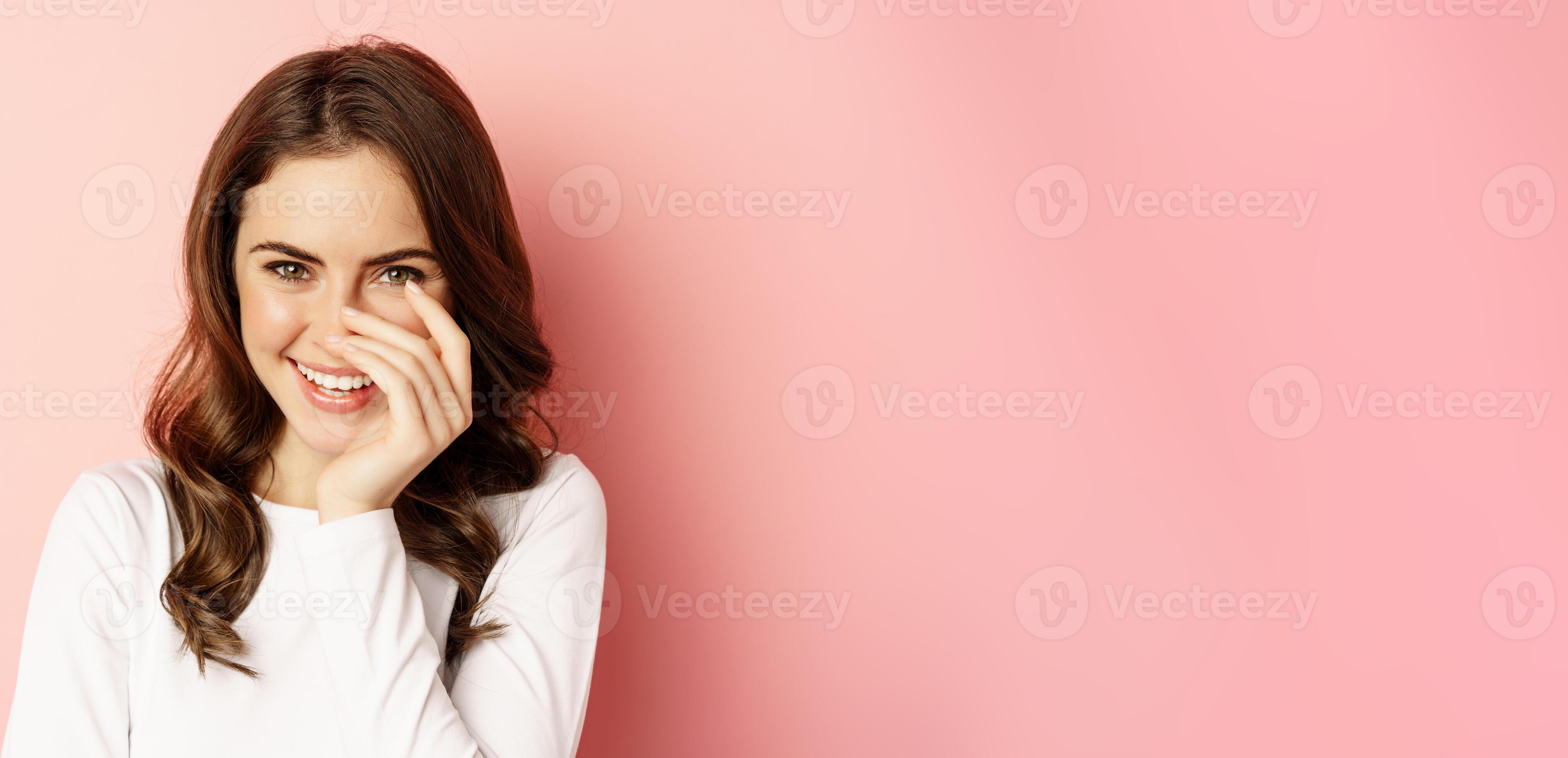 Close Up Portrait Of Coquettish Brunette Woman Laughing And Smiling Looking Down Flirty