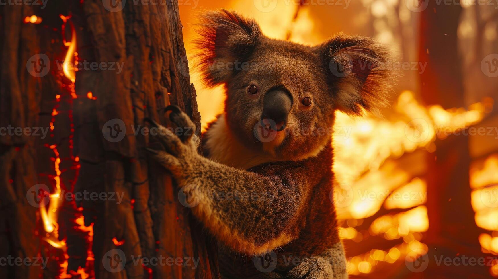 A distressed koala clinging to a burning tree, intense forest fire in Australia. Devastating ...