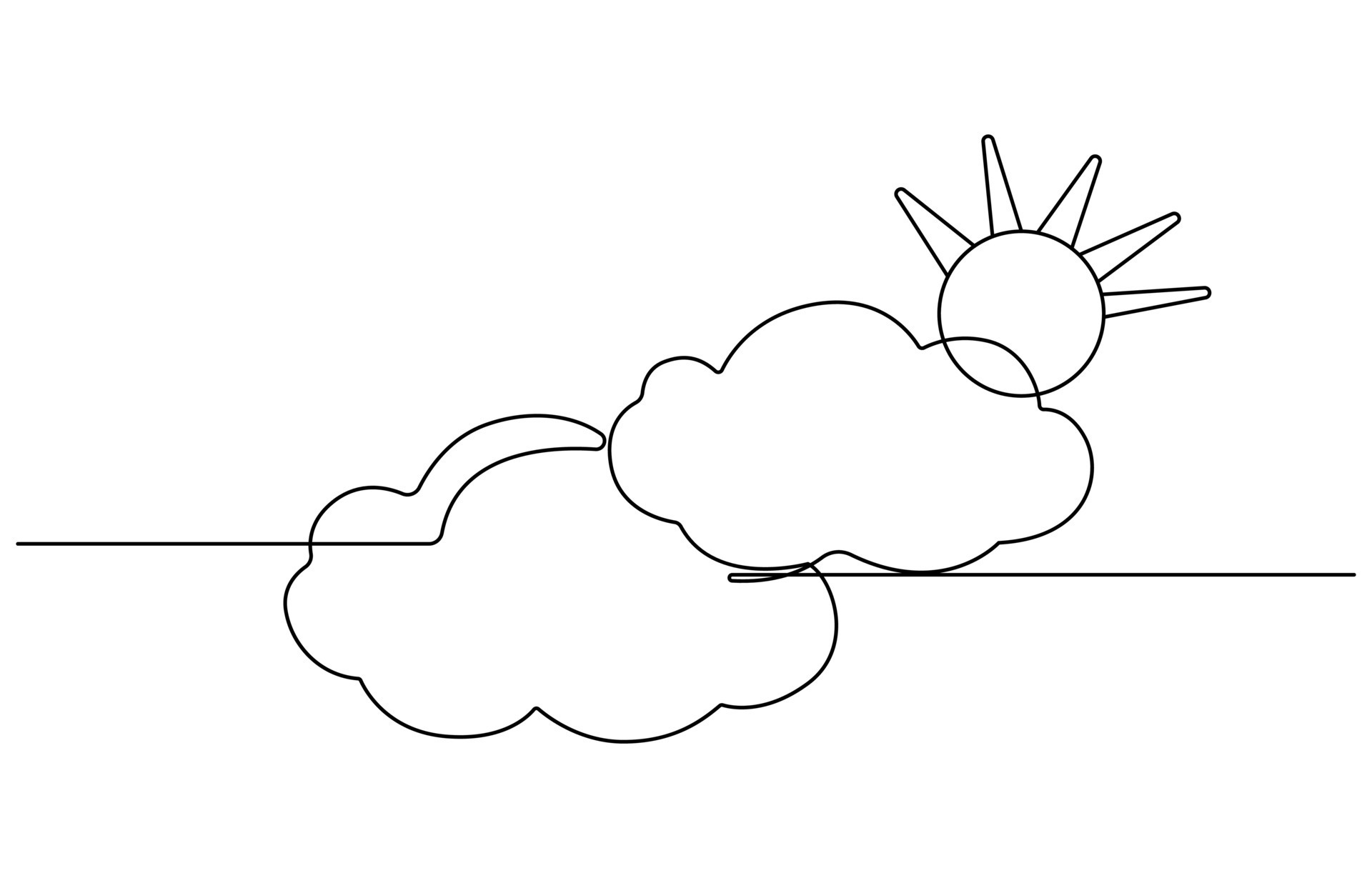 One continuous line drawing of Clouds with sun in the sky.Continuous one line drawing of sun ...
