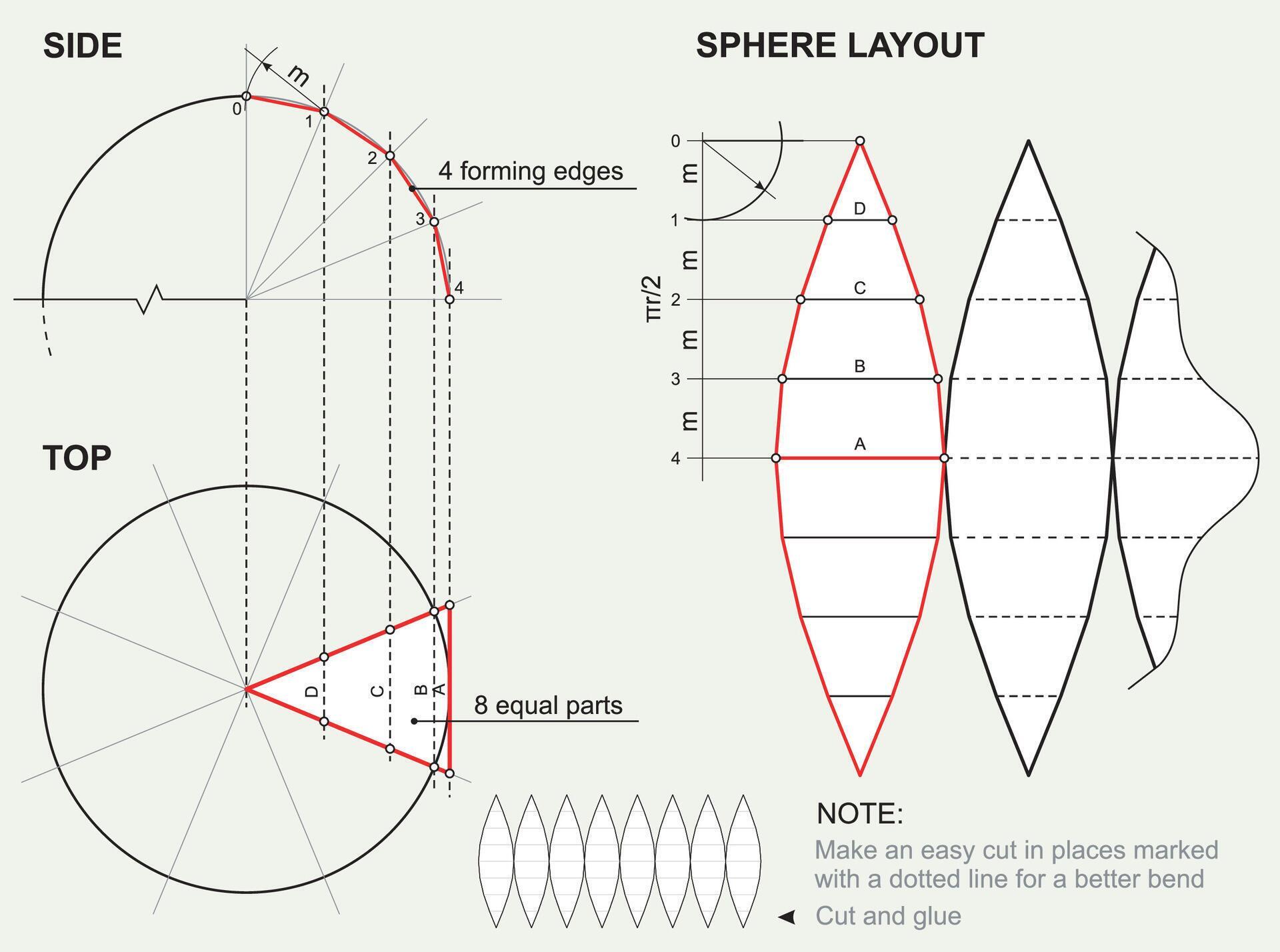 Unfolding 3D ball figure. Descriptive geometry, plan scheme for sphere ...