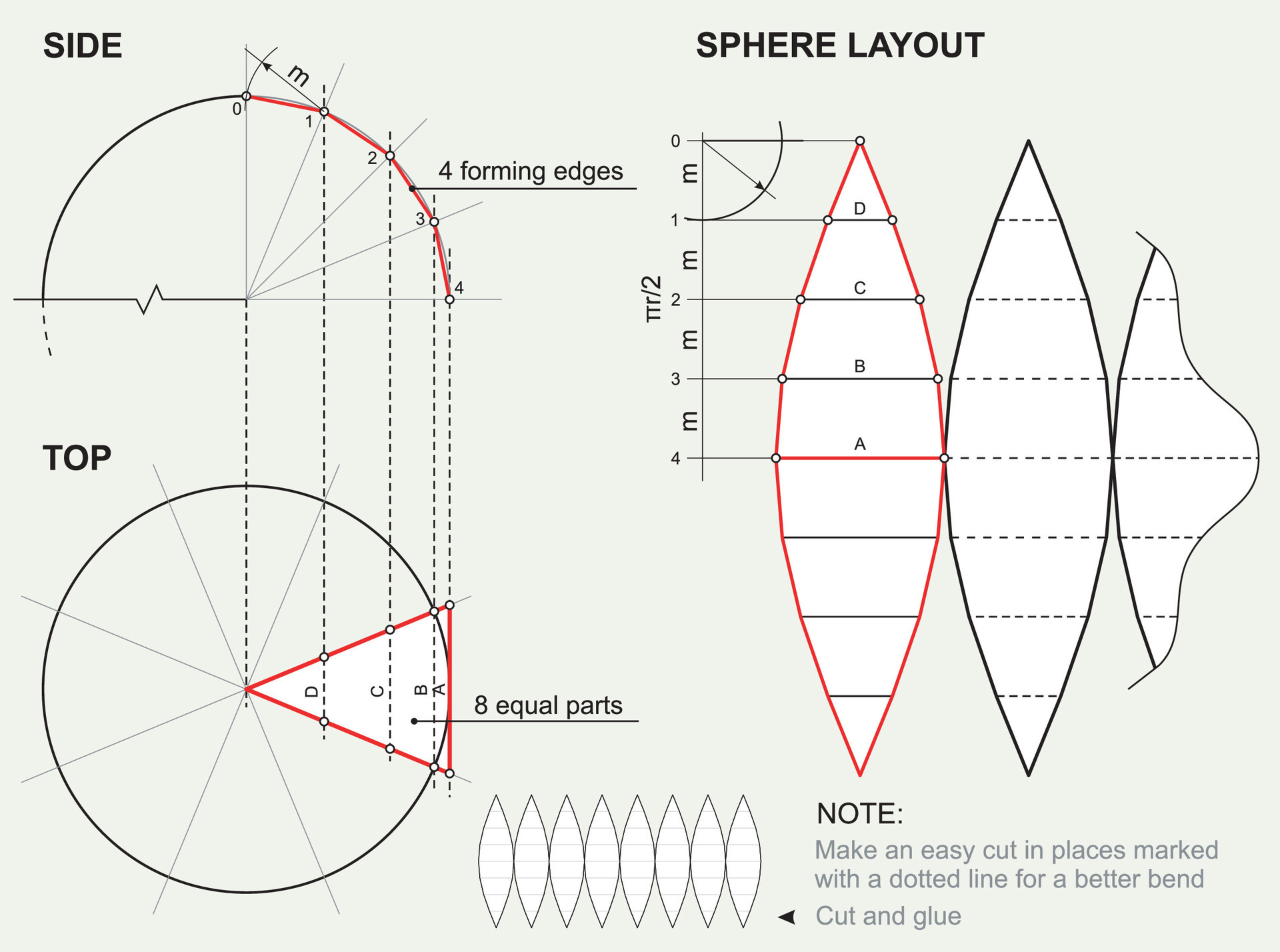 Unfolding 3D ball figure. Descriptive geometry, plan scheme for sphere ...