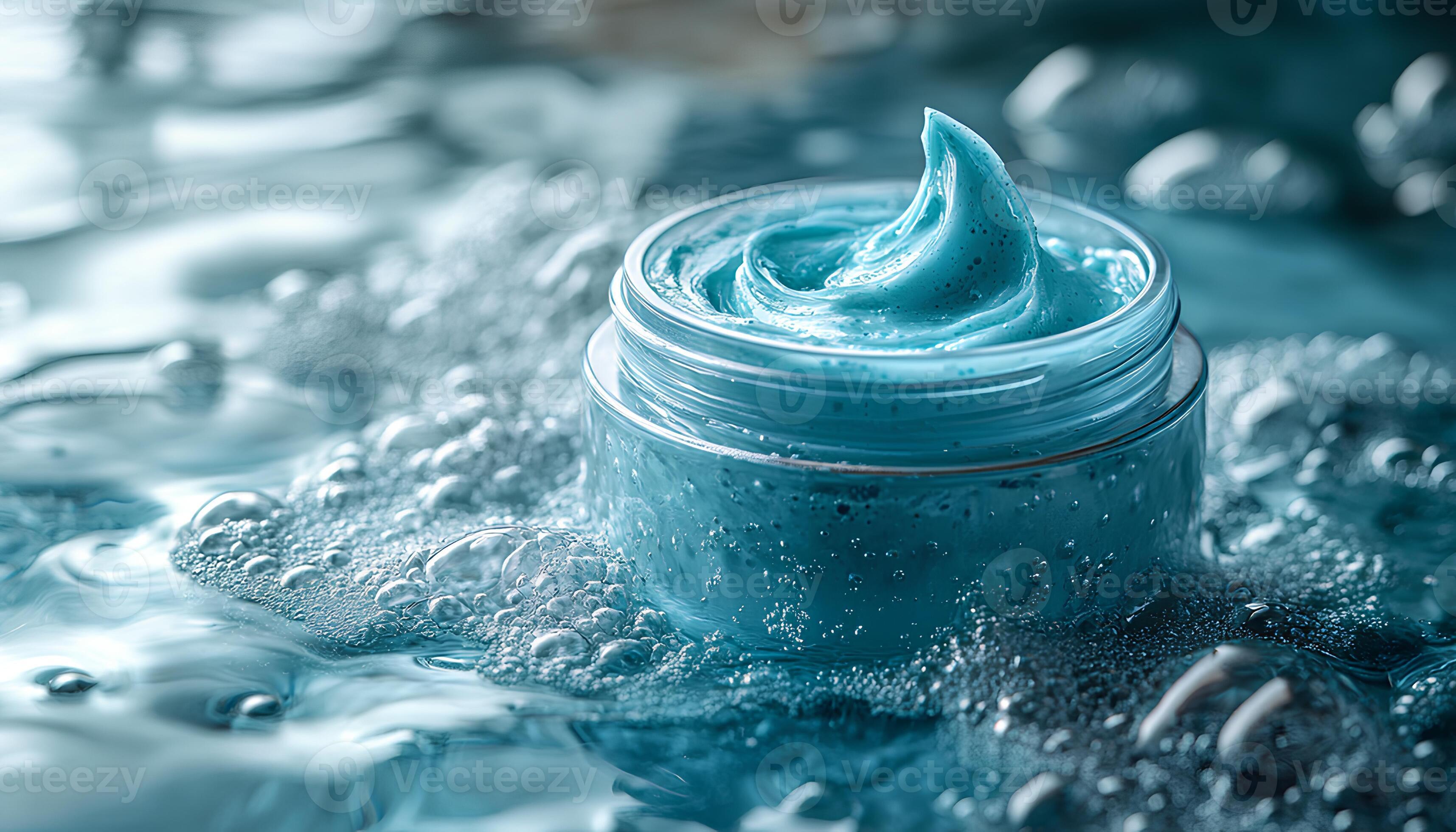 Facial cream in a jar on background full of water for skin hydration and skincare concept. Facial cream full of barrier boosting ingredients such as retinol hyaluronic acid niacinamide and glycerin 48...