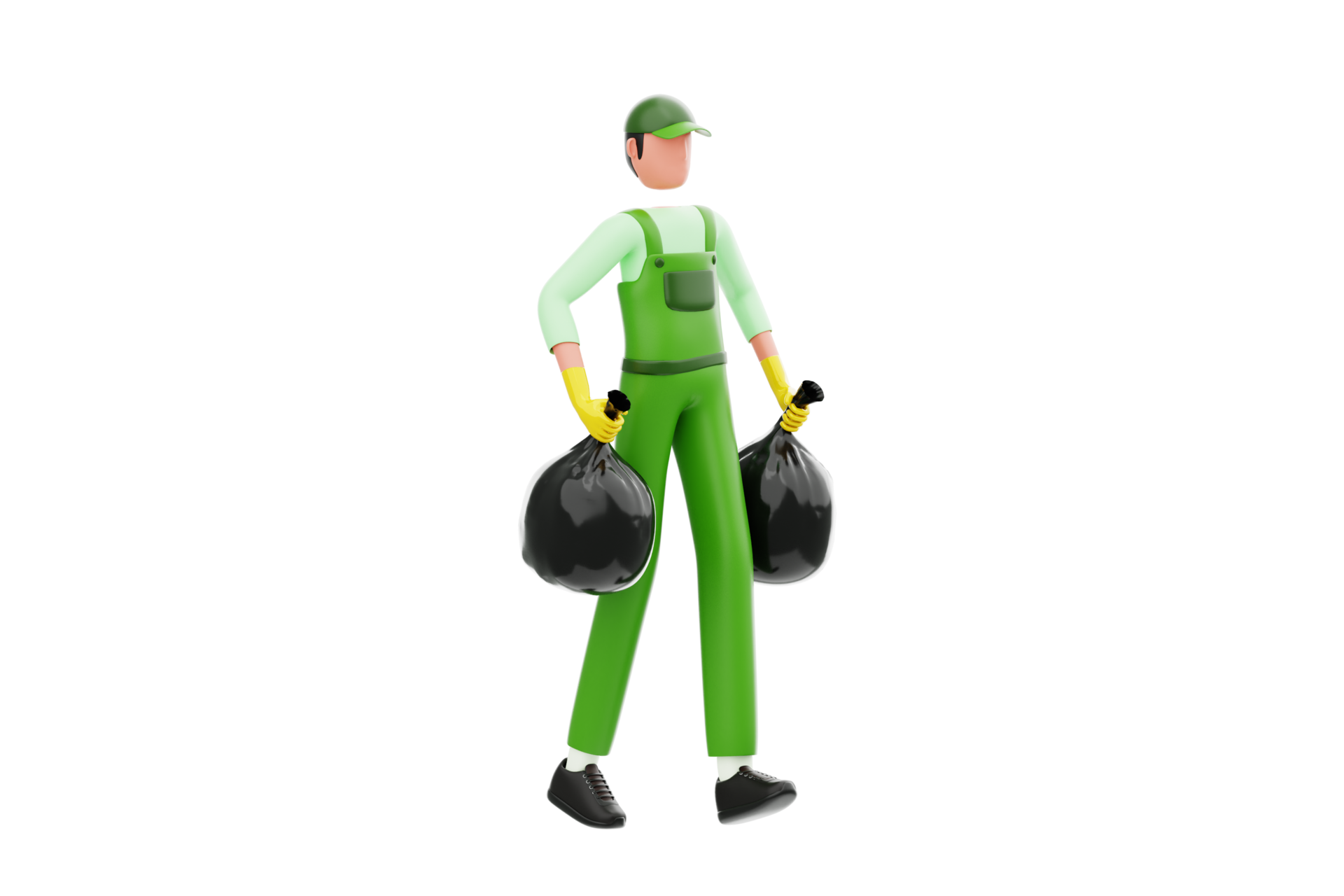 Janitor Collecting Garbage In Plastic Bags 3d Illustration Garbage Collector With Garbage Bags