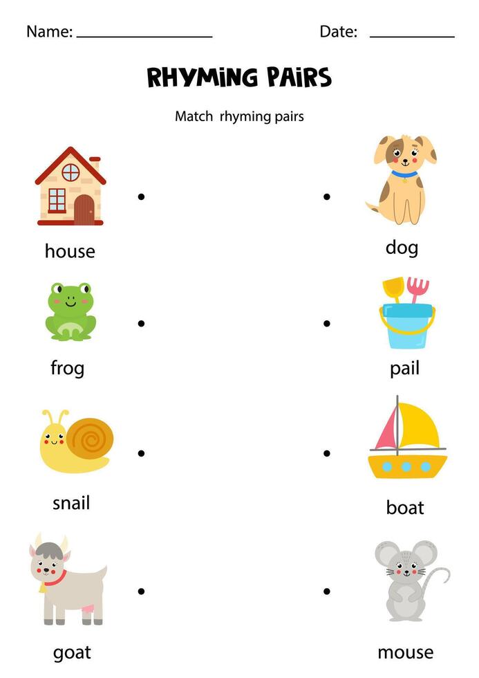 Match rhyming pair. Educational worksheet for kids. 48680653 Vector Art ...