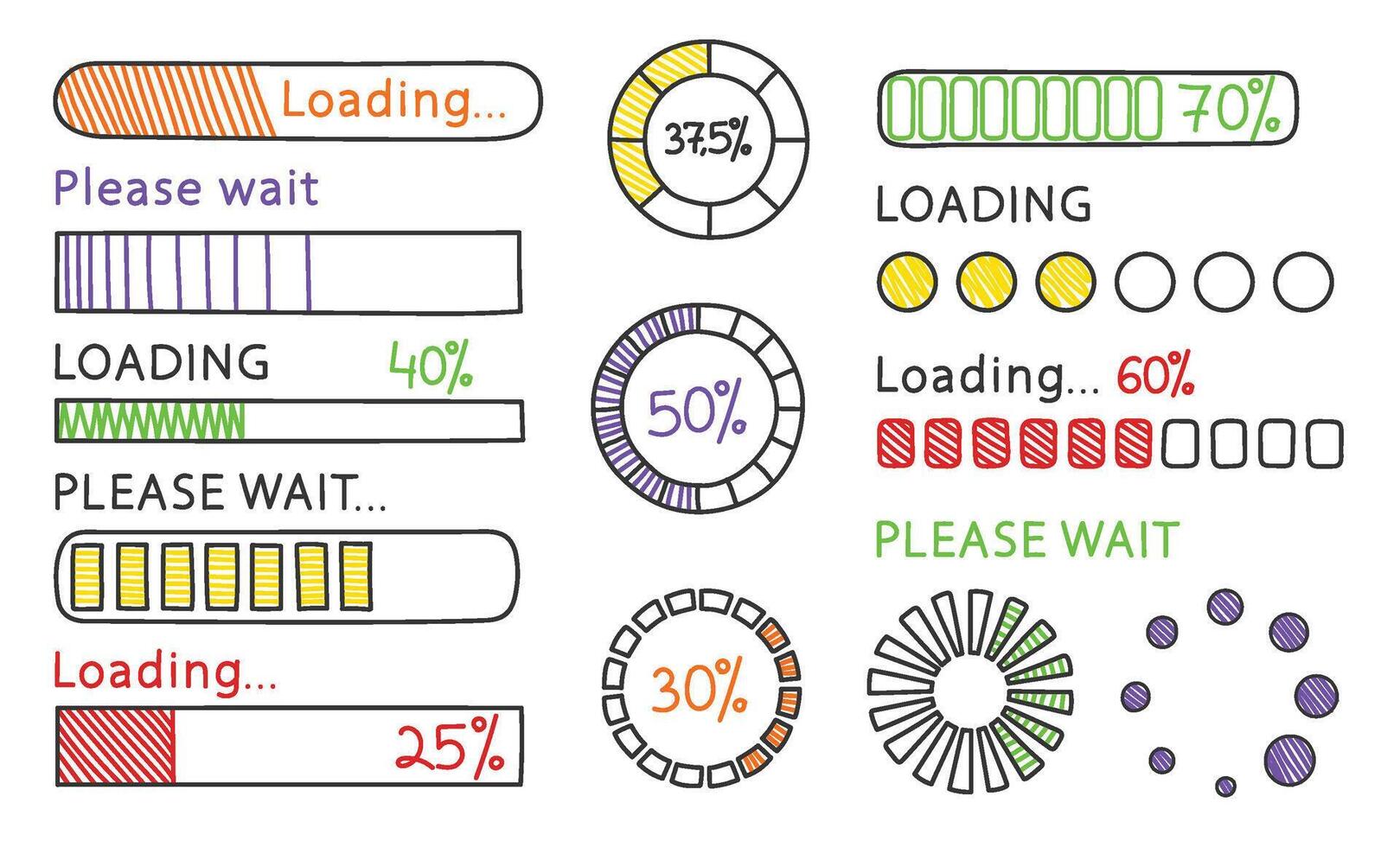 Hand drawn loading bar. Doodle progress indicators, circular download ...
