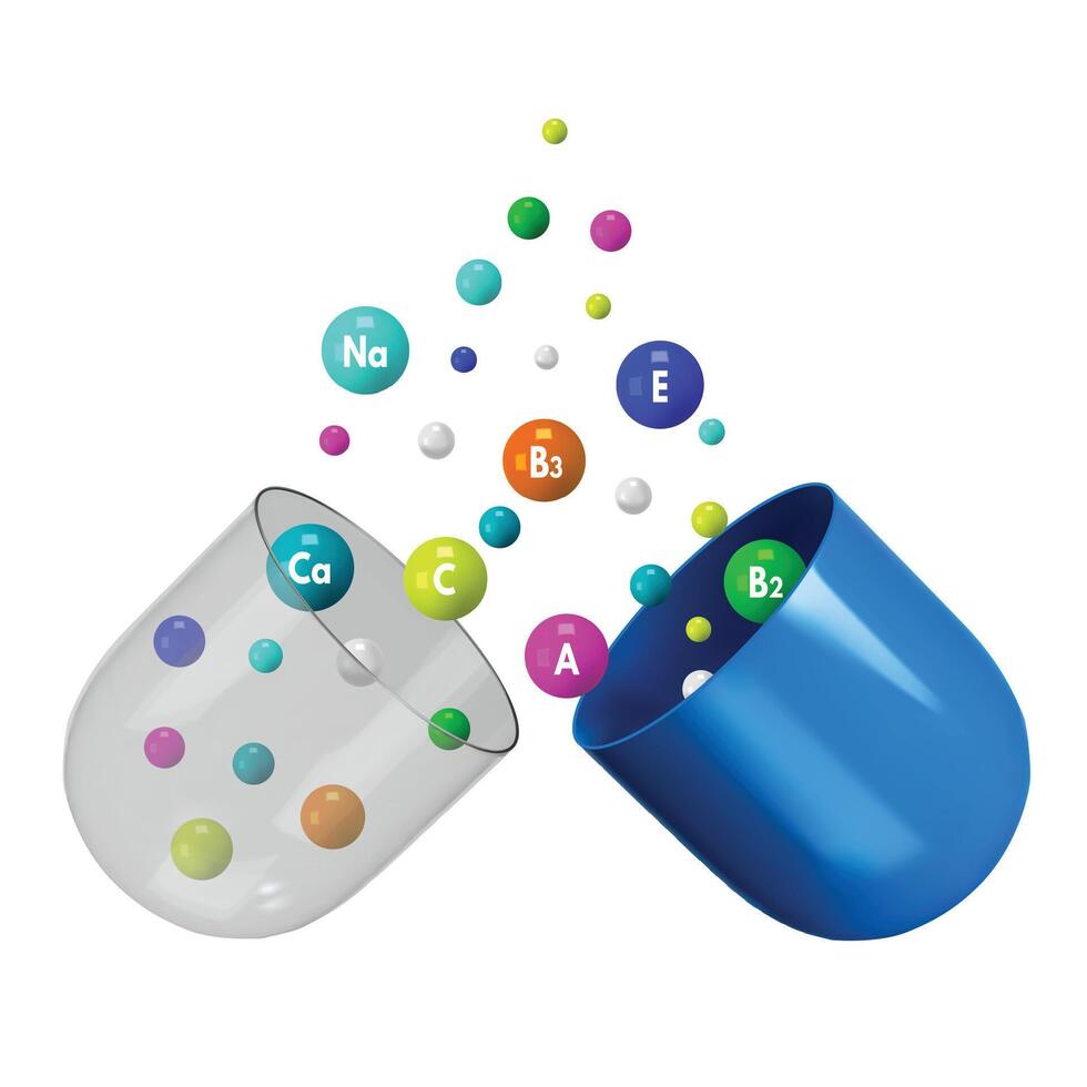 Multivitamin Capsule Pill Open Capsule Shell With Colorful Complex Vitamin Granules And Mineral