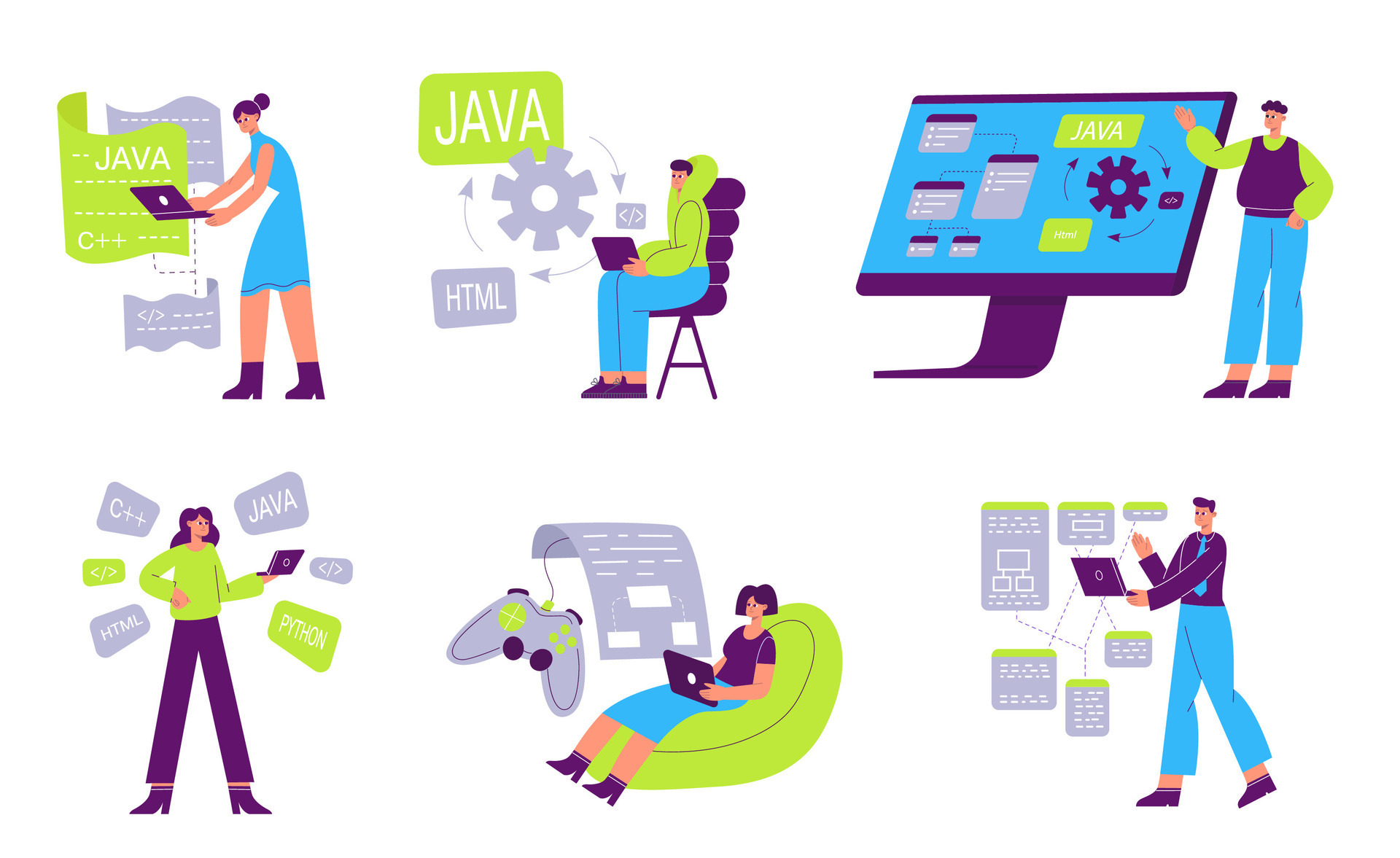 Web Developers Software Programmers Work Illustration Set Game Testers Checking Quality And