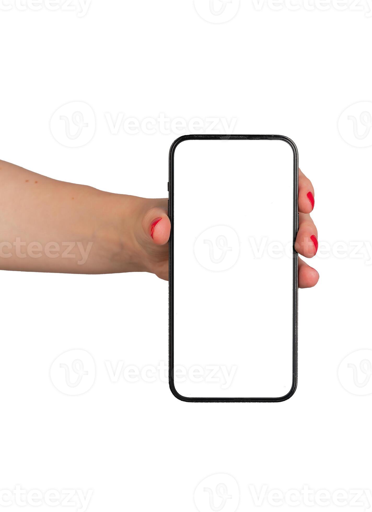 Hand holding mobile phone screen mock up, showing smartphone mockup, isolated on white ...