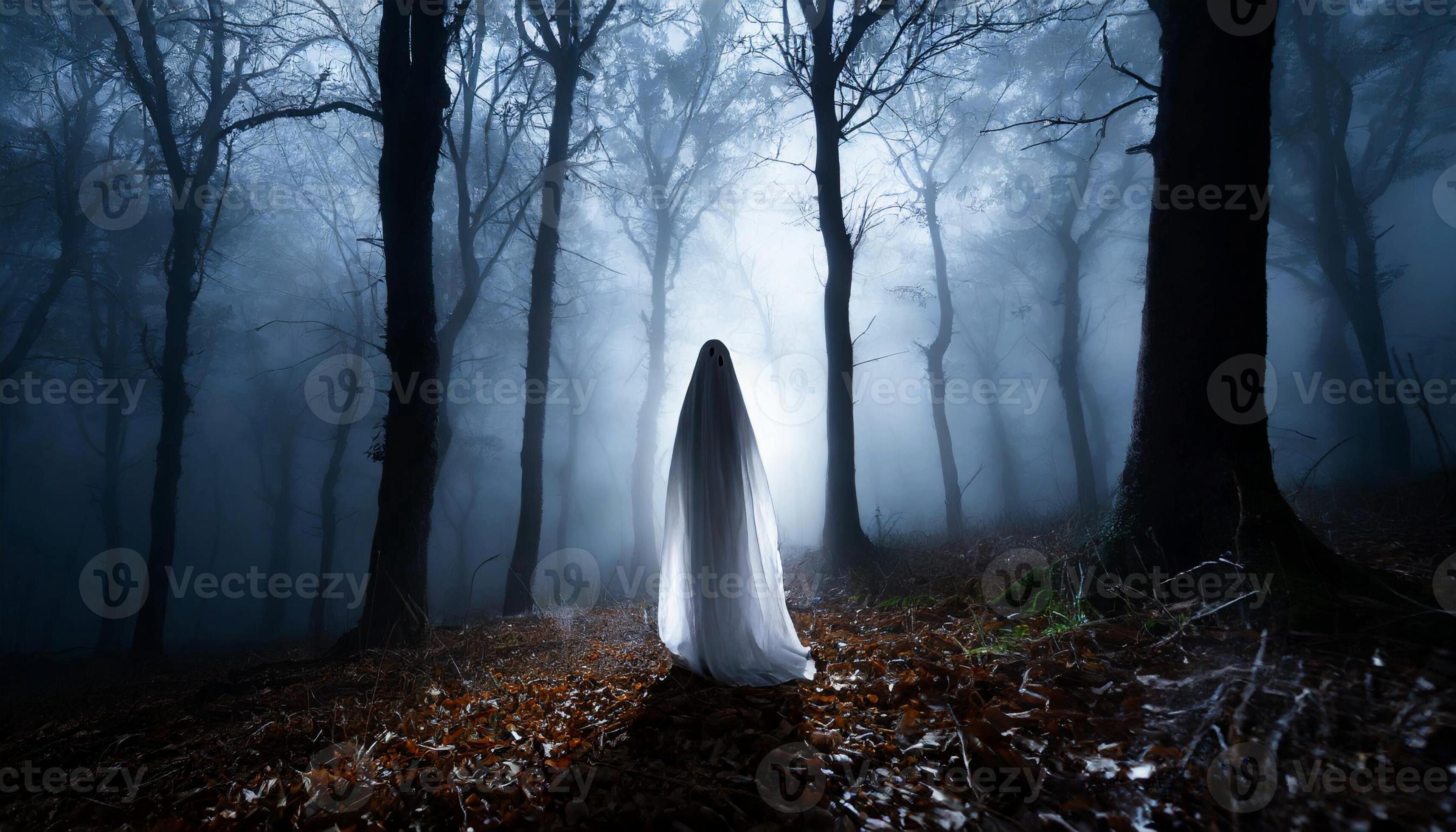 Ghost in the dark scary woods. Human silhouette walking in forest. 48699594 Stock Photo at Vecteezy