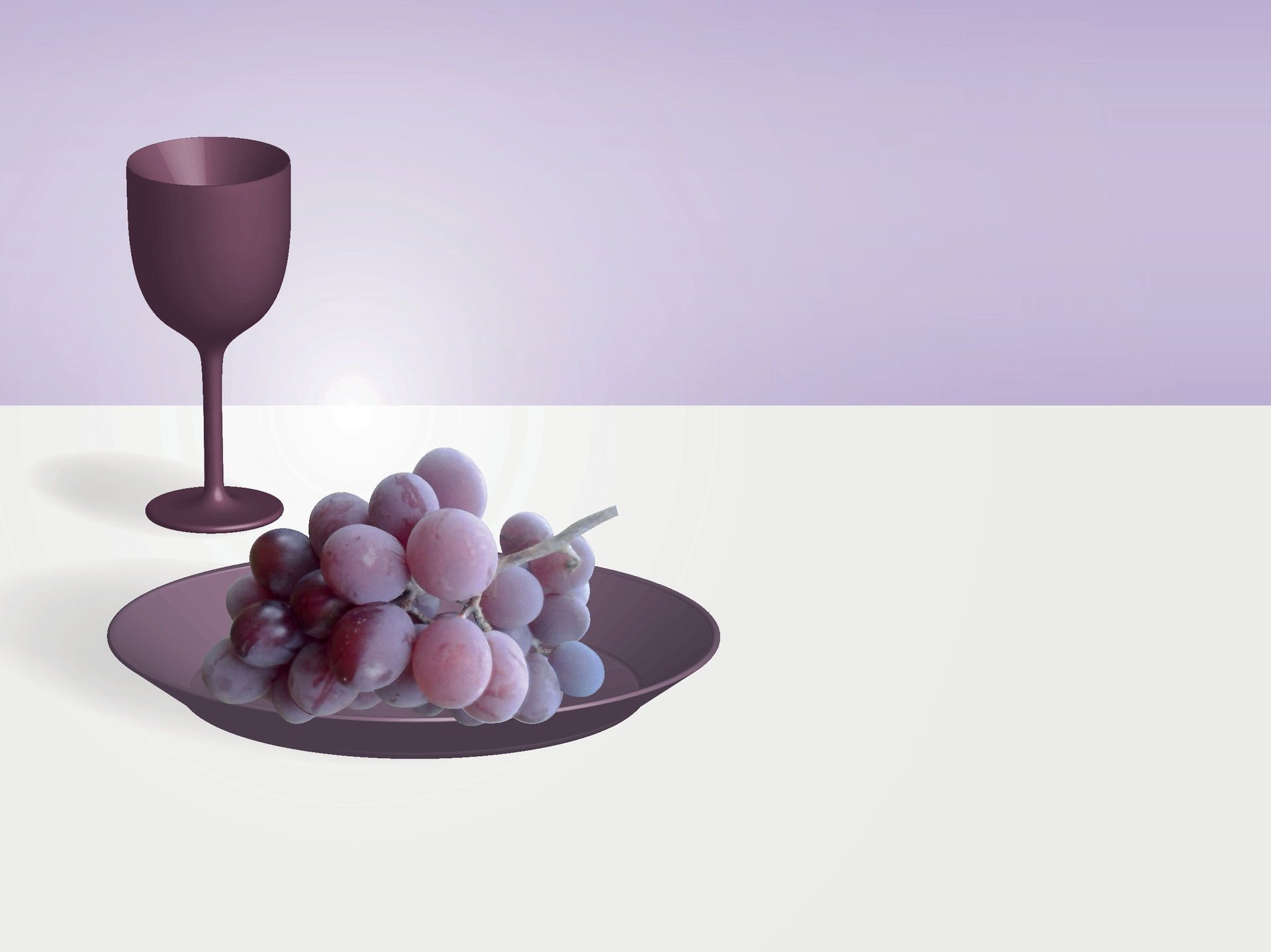 A bunch of grapes on a plate and a glass. 3D visualization. Can be used ...