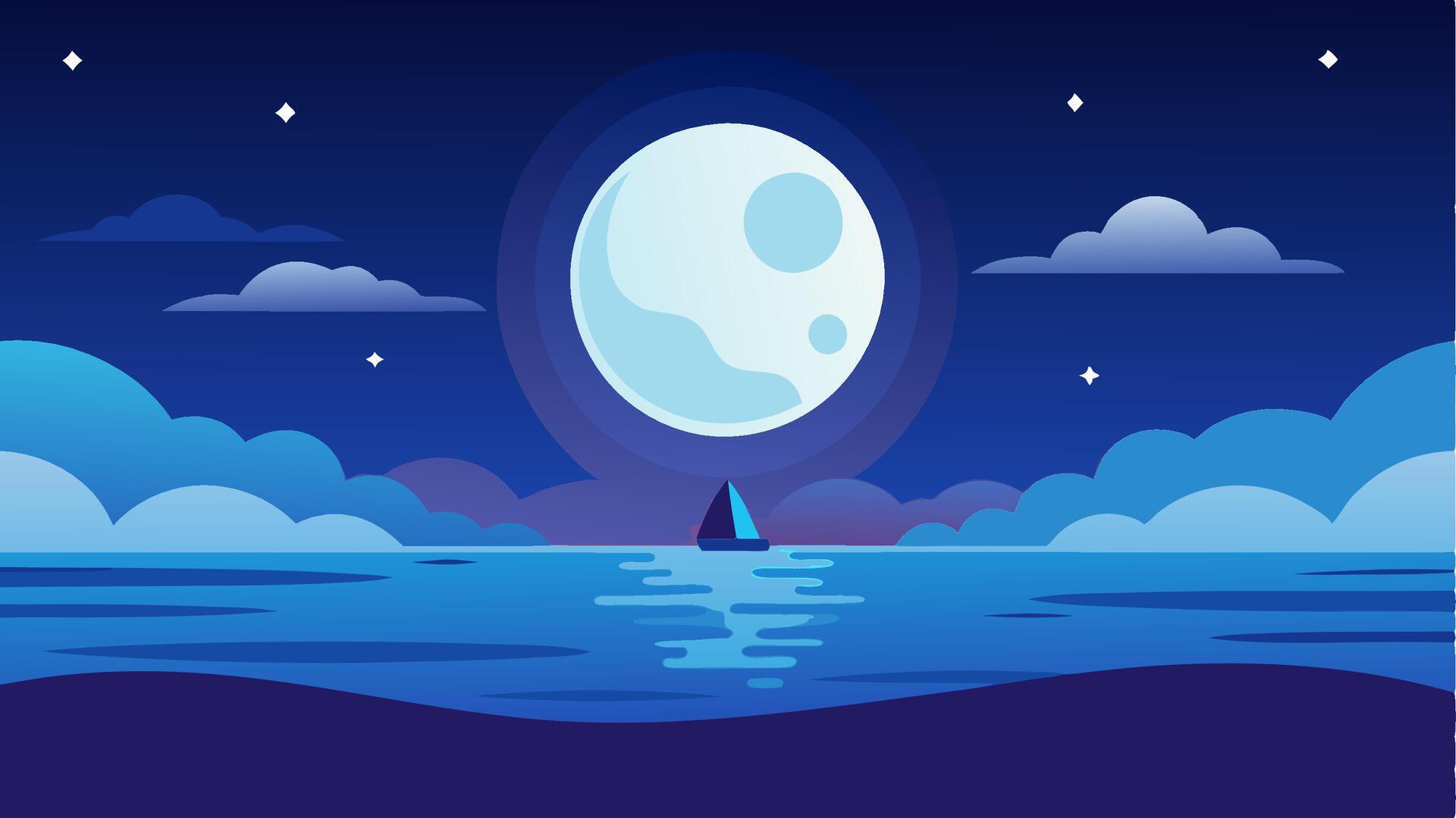 Blue moon background silhouete background, flat design background at sea and night moment for ...