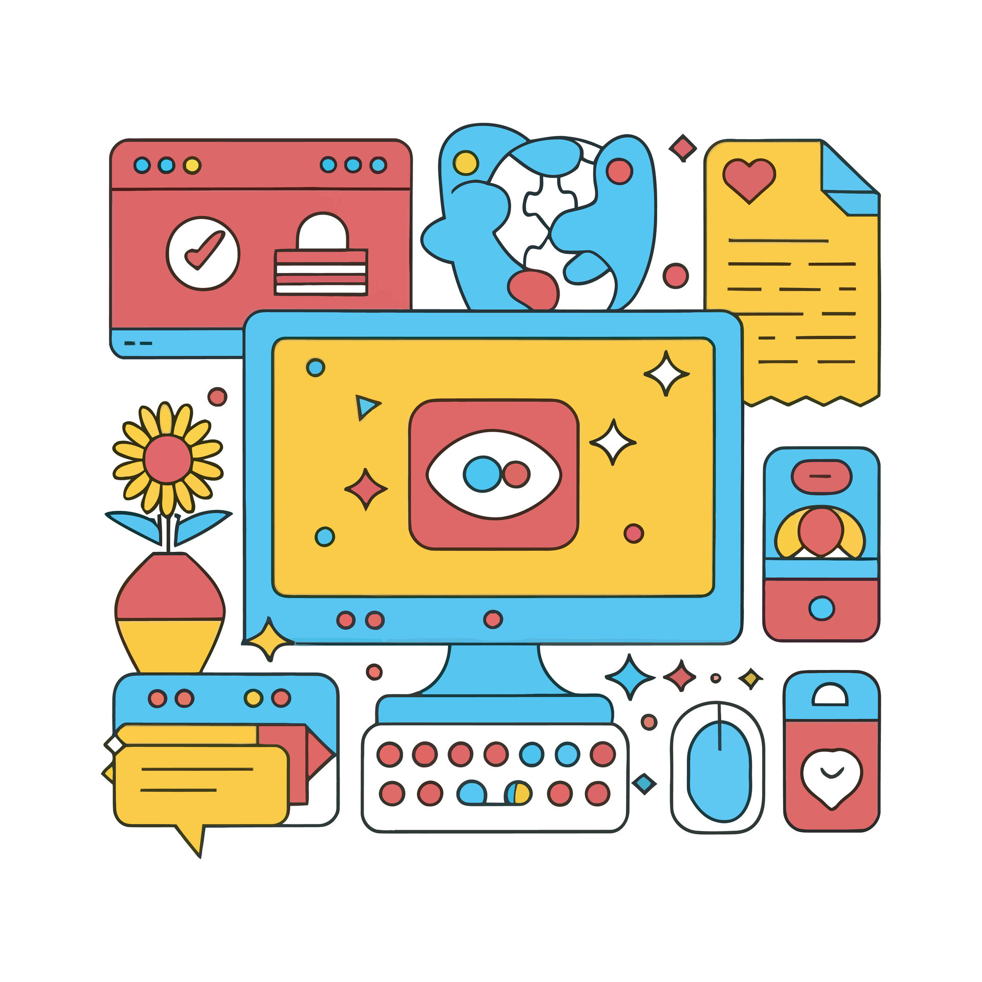 Futuristic Computer Illustration with Tech Elements. Line Art Computer ...