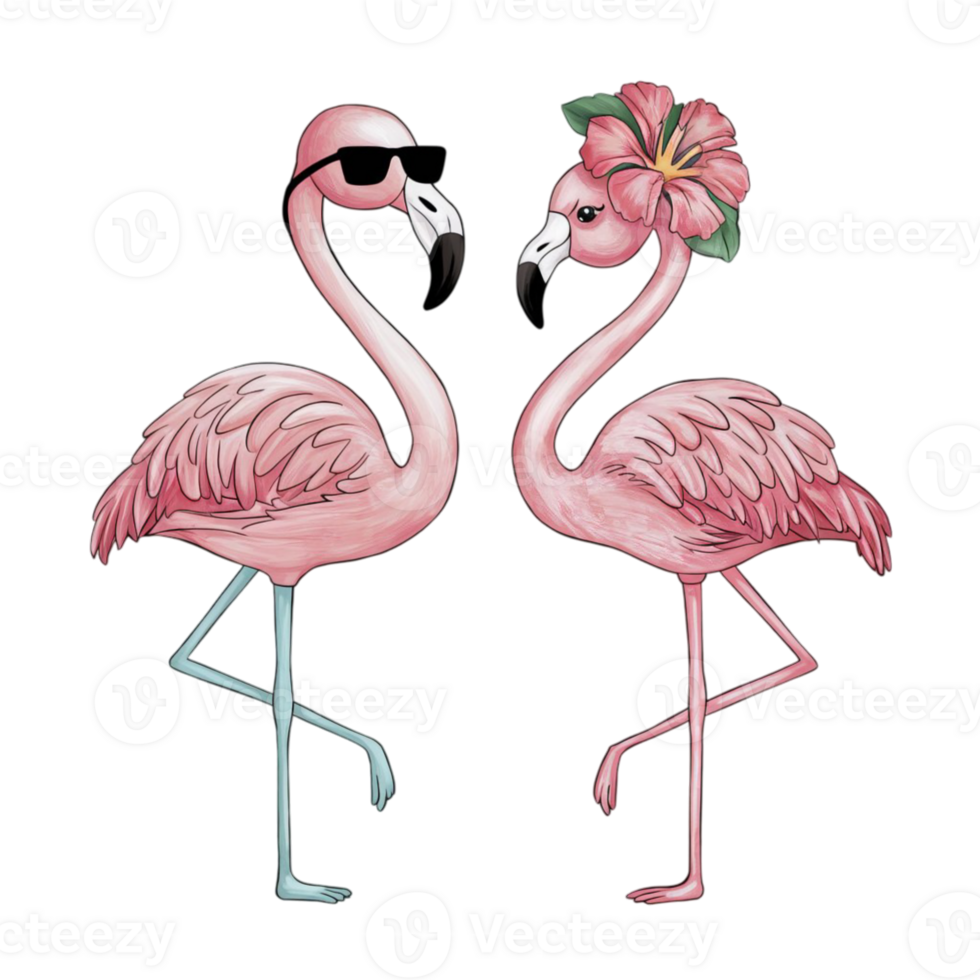 Two Flamingos Stand Facing Each Other One Wearing Sunglasses And The