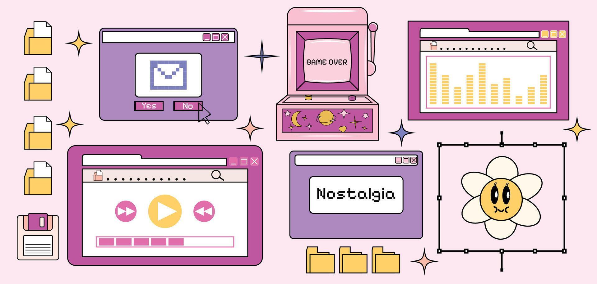 Sticker pack. Set of retro pc and computer icons. Browser and pop-up window. Illustration ...