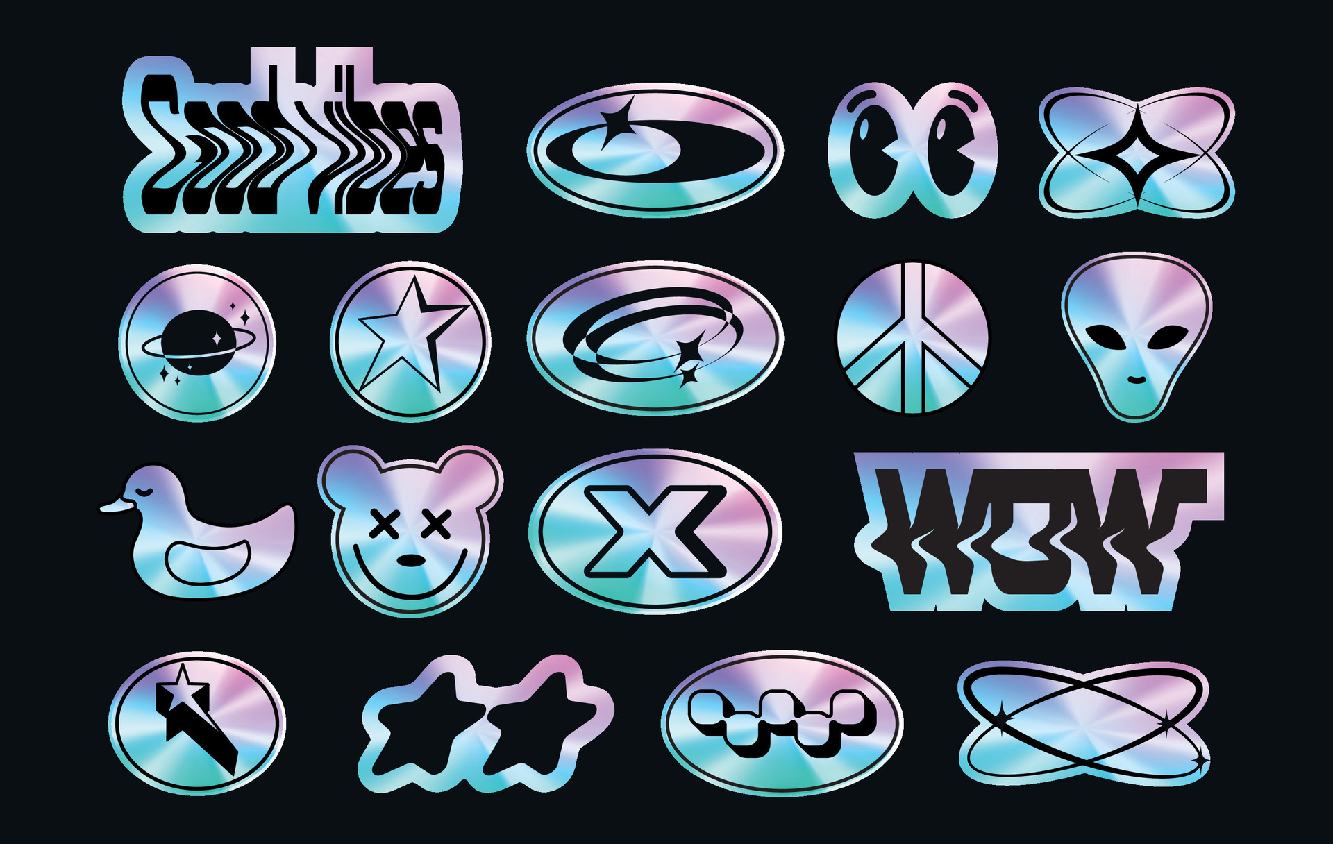 A set of sticker packs in y2k style. Holographic. 3d Retro futuristic ...