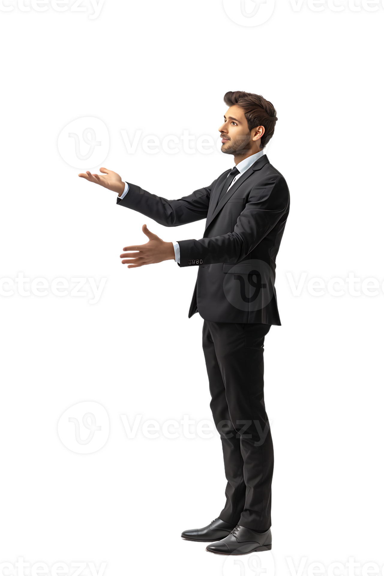 Businessman presenting something isolated against a transparent ...