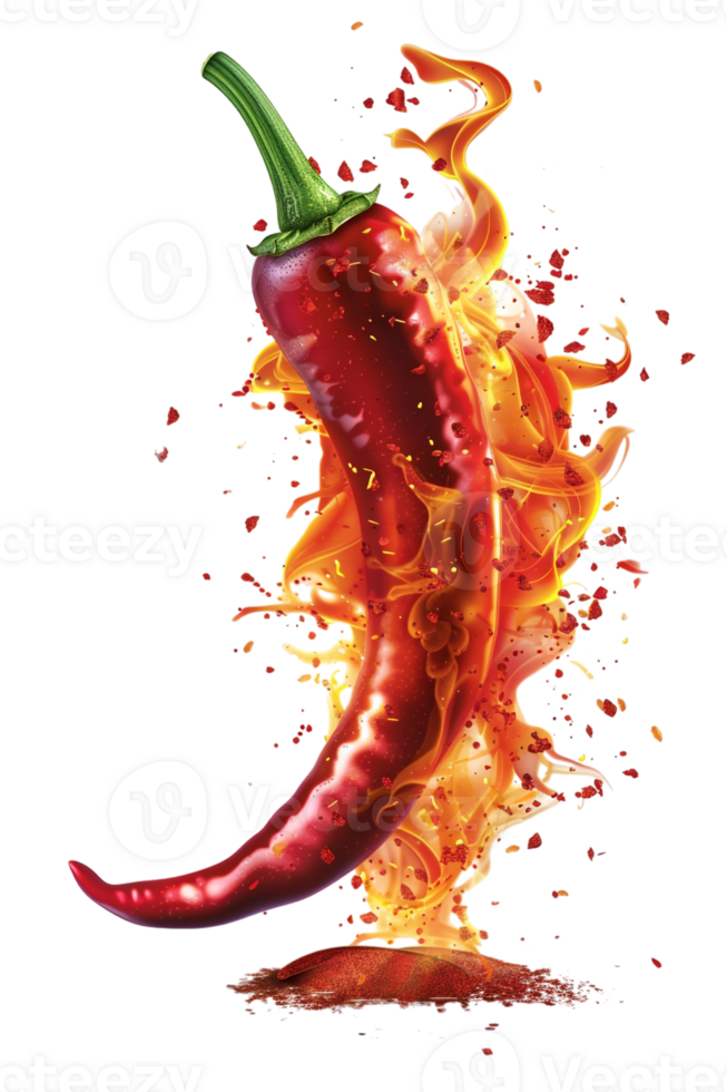 Red Hot Chili Pepper With A Splash Of Fire Isolated Against A