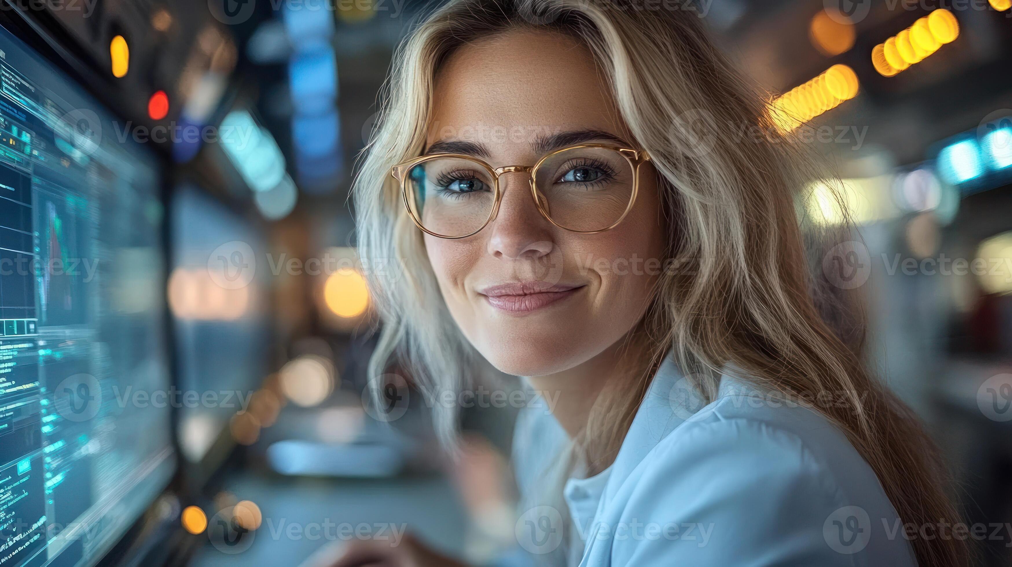 Focused Woman Smiles While Analyzing Data On Multiple Computer Screens