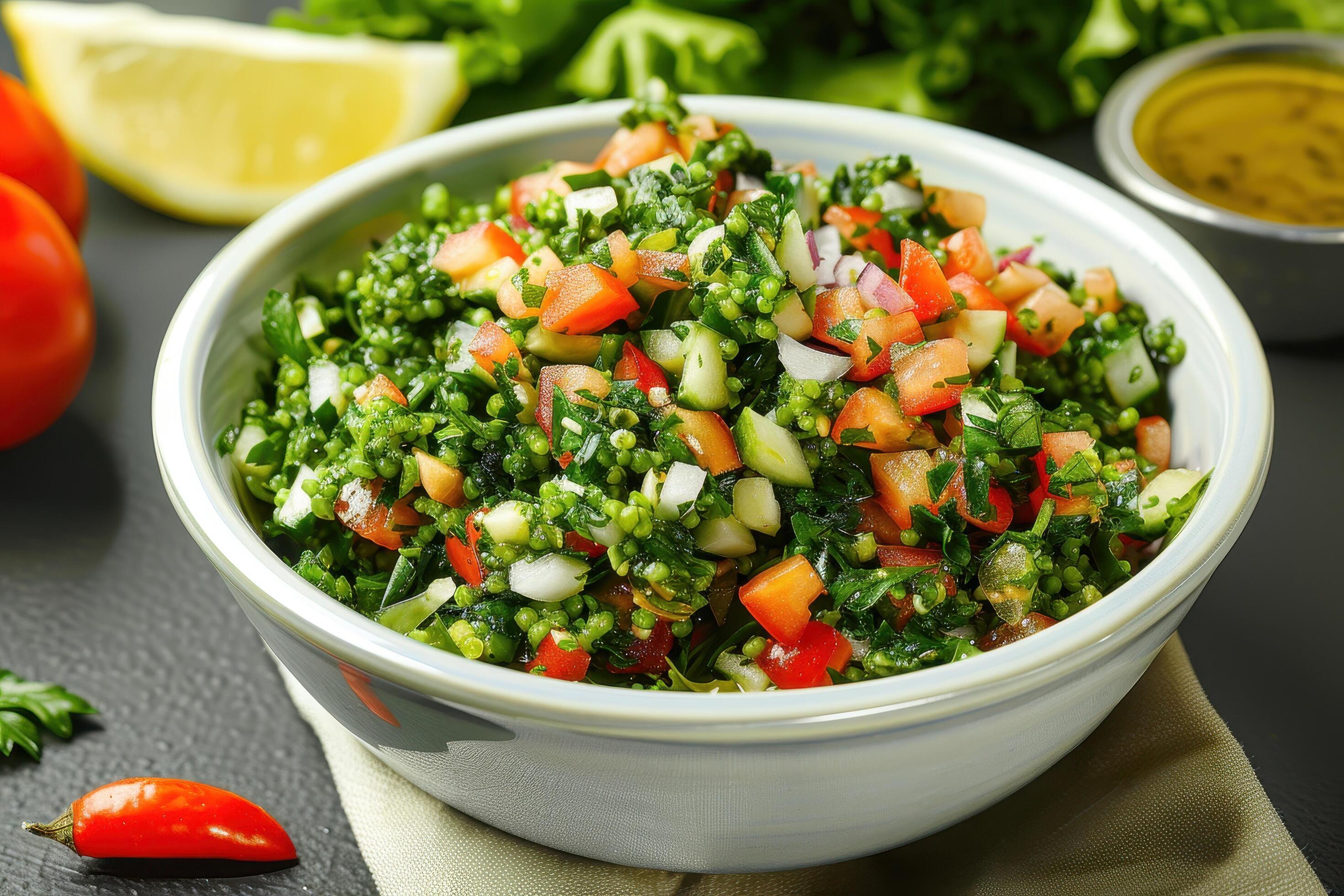 A bowl of fresh tabbouleh salad with chopped tomatoes, cucumbers, and ...