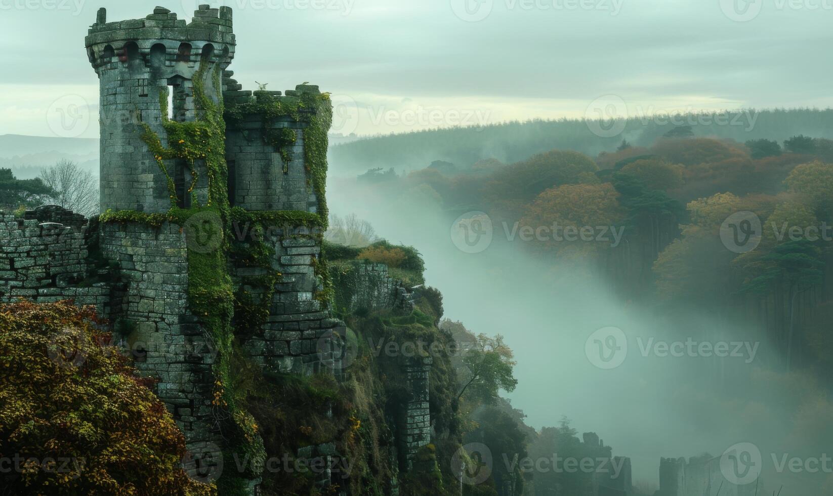Ancient castle ruins covered in ivy, high on a hill with a misty forest in the background ...