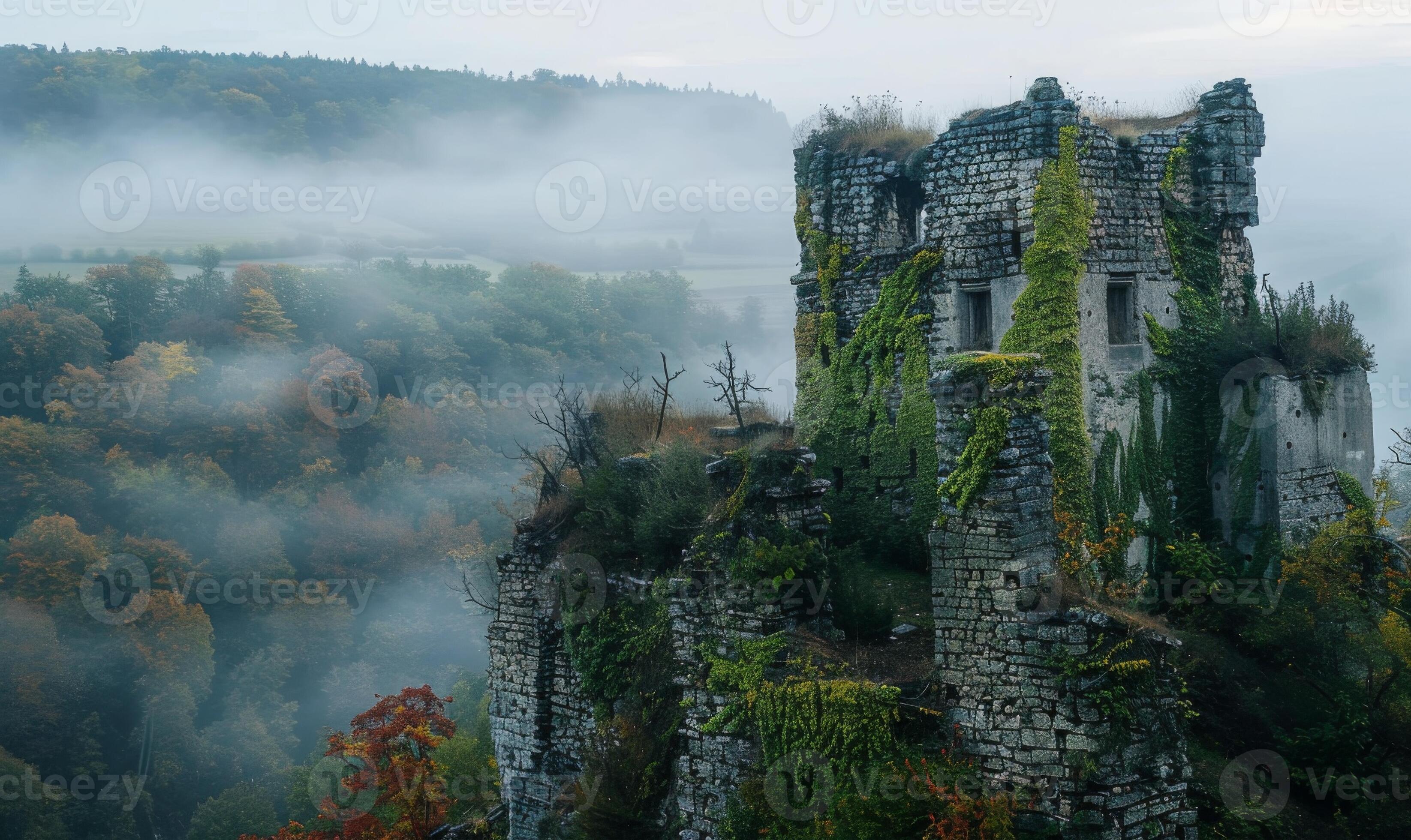 Ancient castle ruins covered in ivy, high on a hill with a misty forest in the background ...