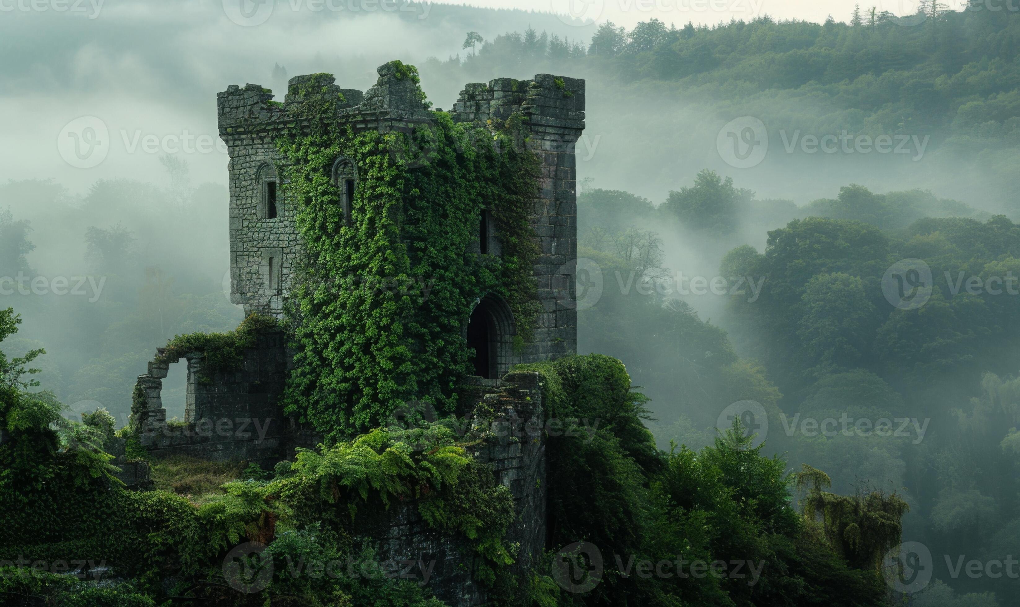 Ancient castle ruins covered in ivy, high on a hill with a misty forest in the background ...