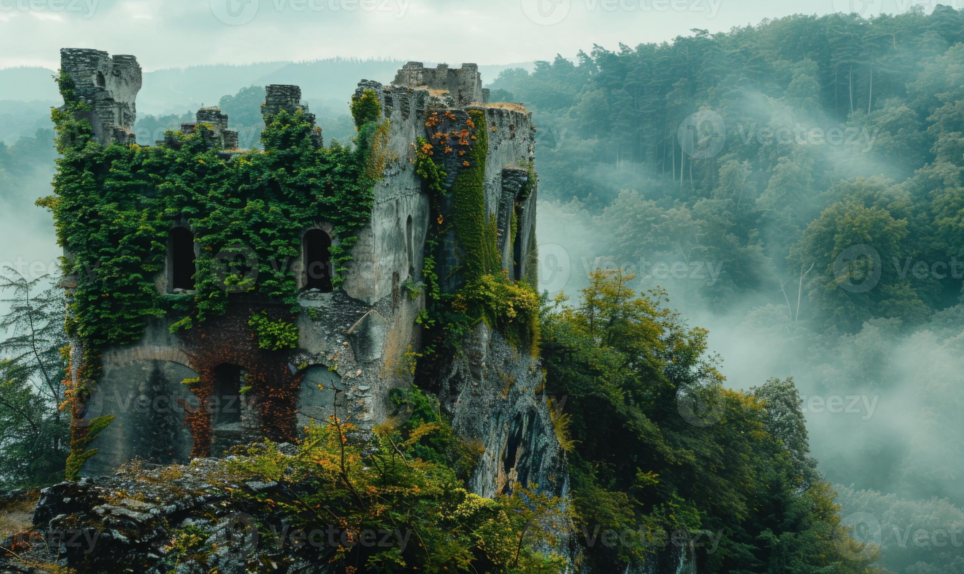 Ancient castle ruins covered in ivy, high on a hill with a misty forest in the background ...