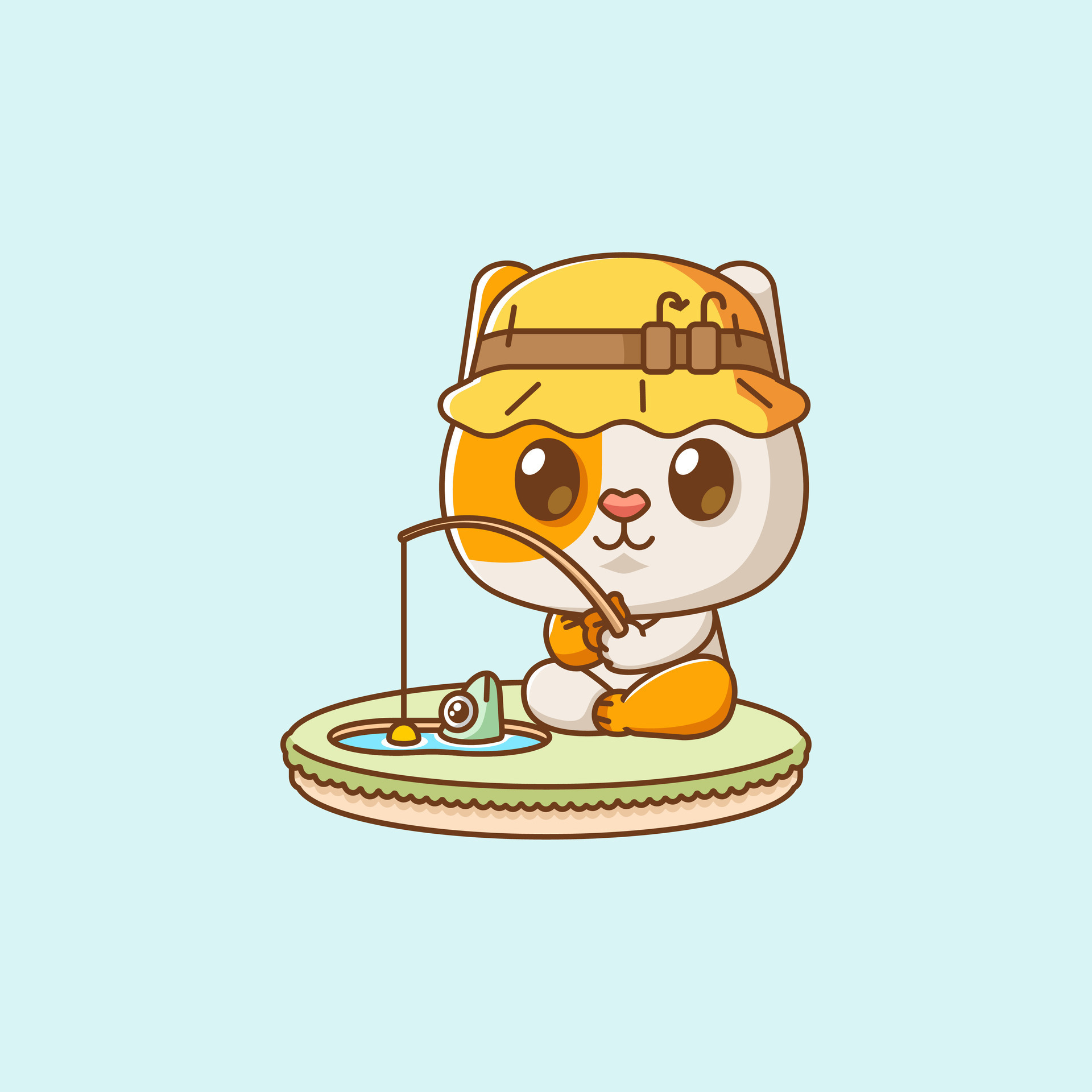 Cute fishing fish cat on island kawaii chibi character mascot illustration outline style design ...
