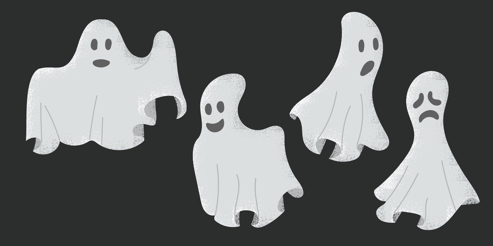 Collection of hand drawn contrast ghosts with grunge texture. Funny ghosts with different face ...