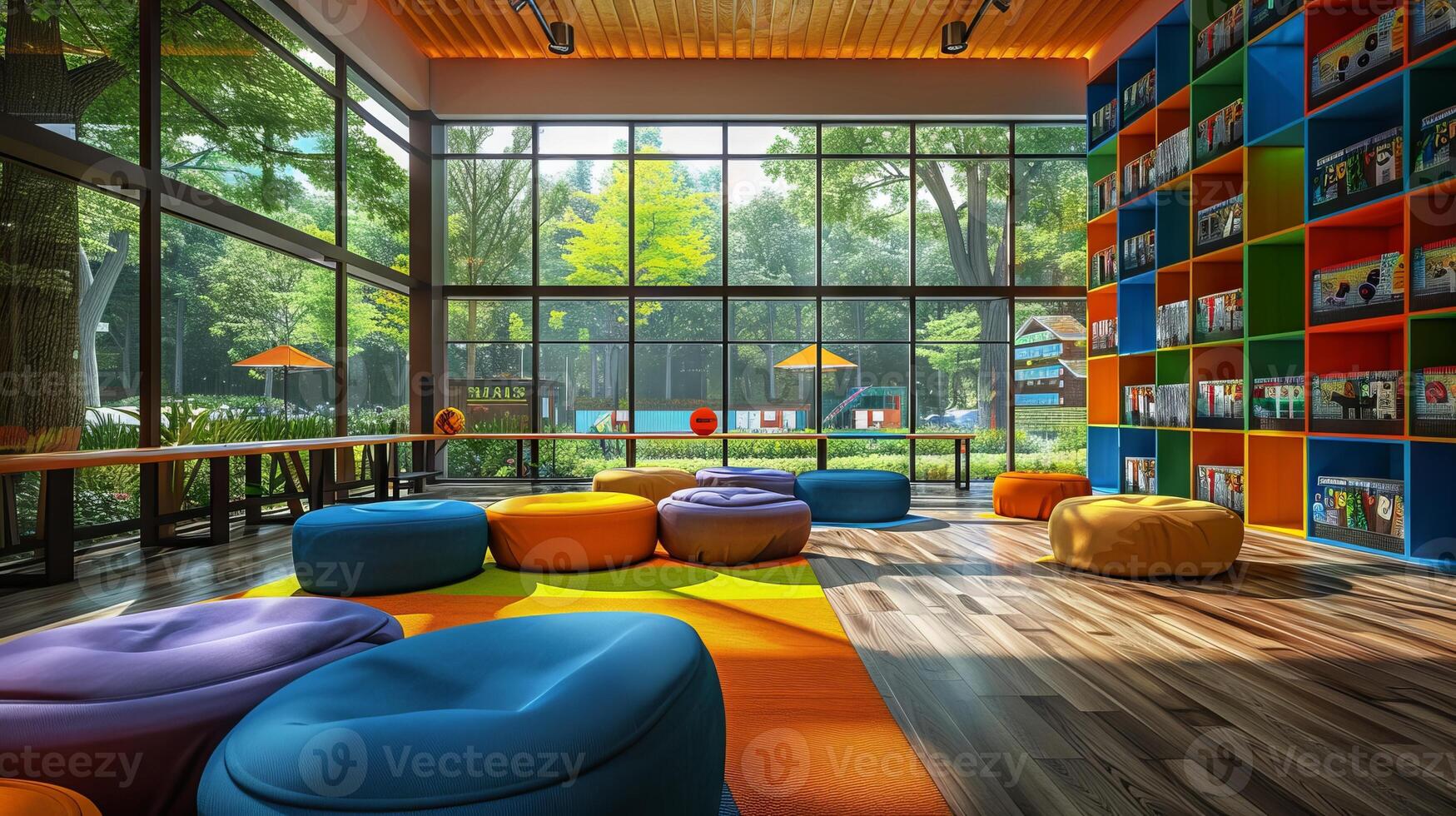 Modern colorful library with bean bags and large windows 48762451 Stock ...