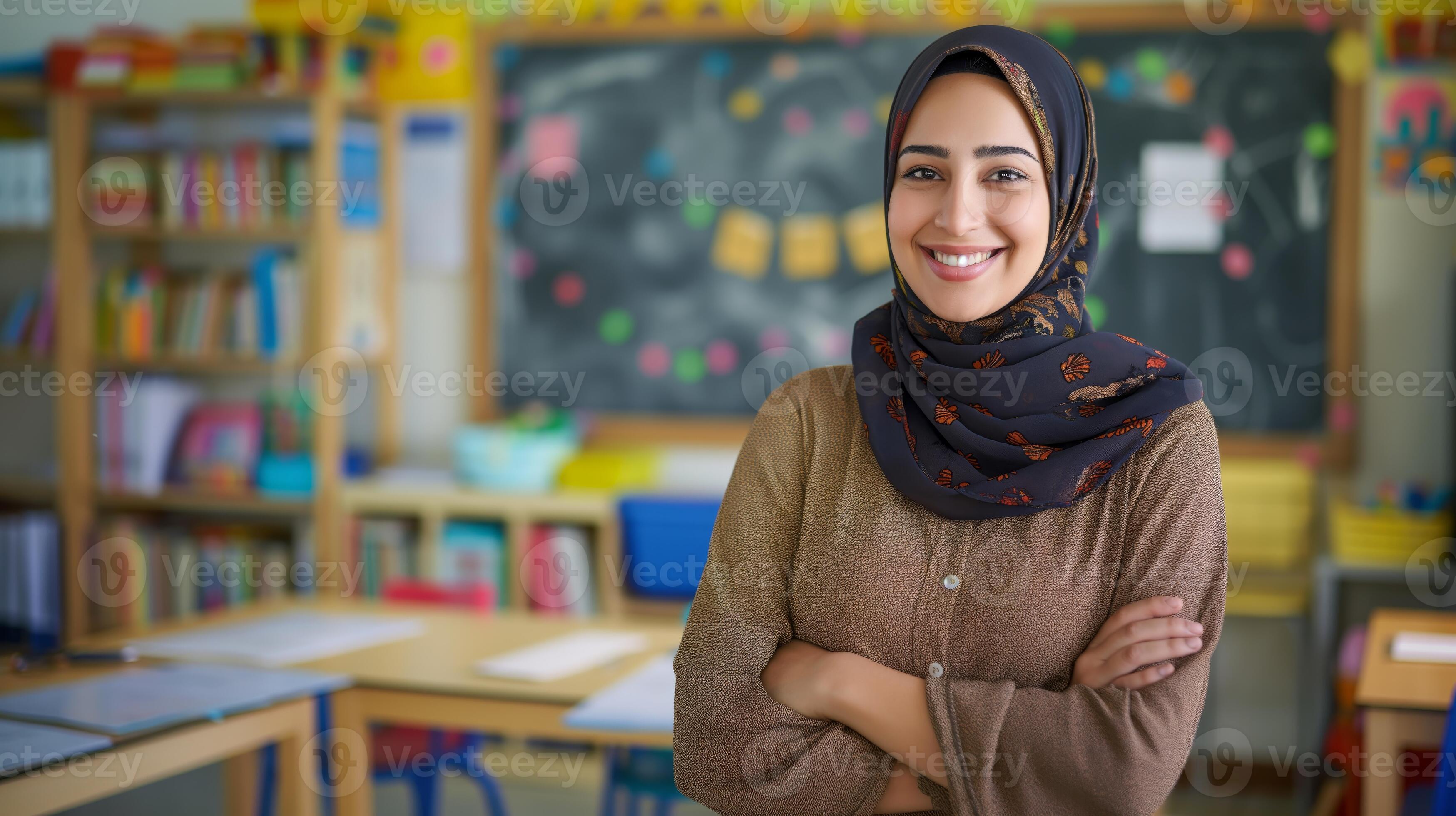 Smiling Arab Female School Teacher in Classroom, Education, Cultural Diversity, Learning ...