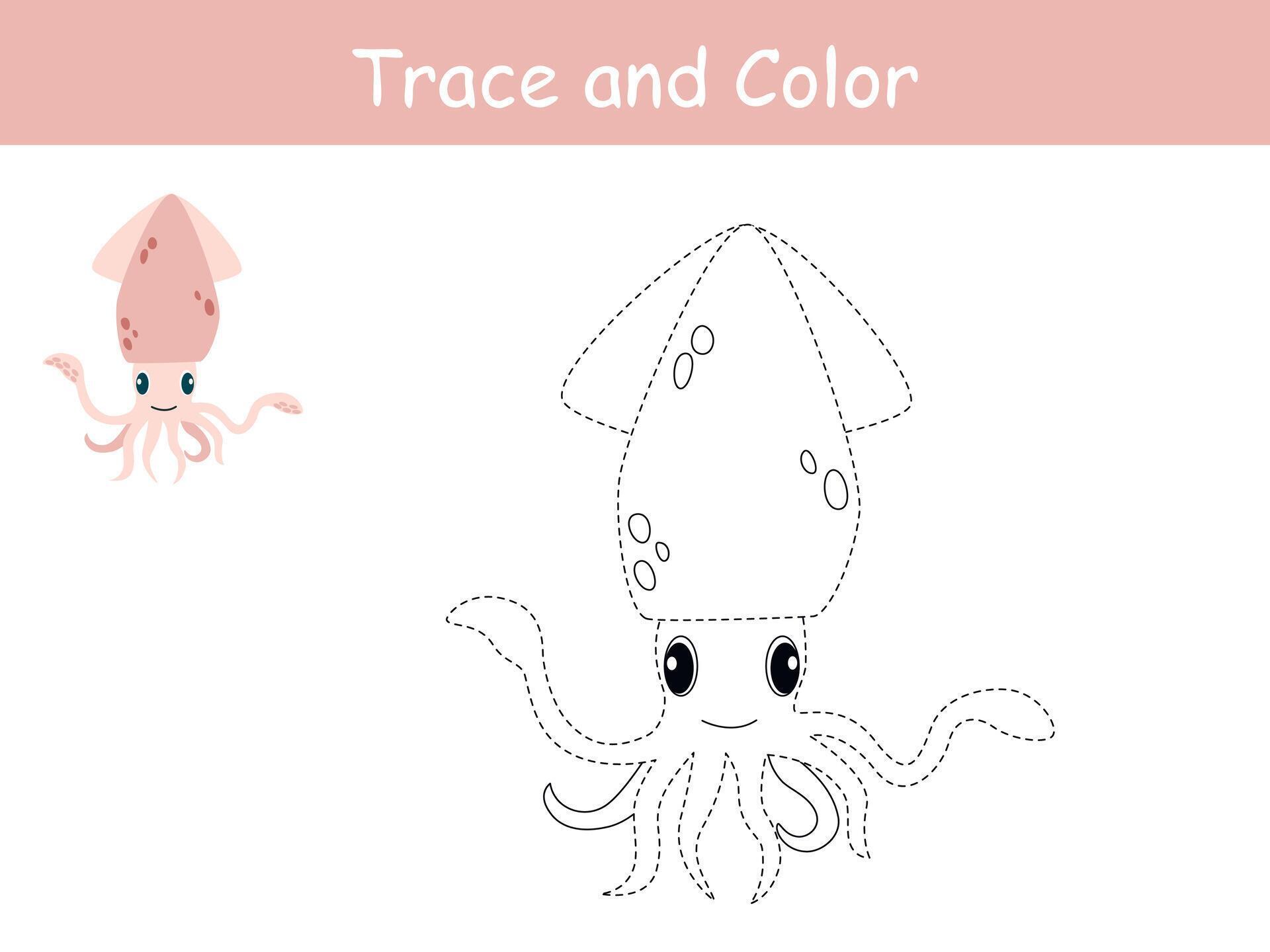 Cute pink squid undersea, sea life trace and coloring book or coloring page. 48768103 Vector Art ...