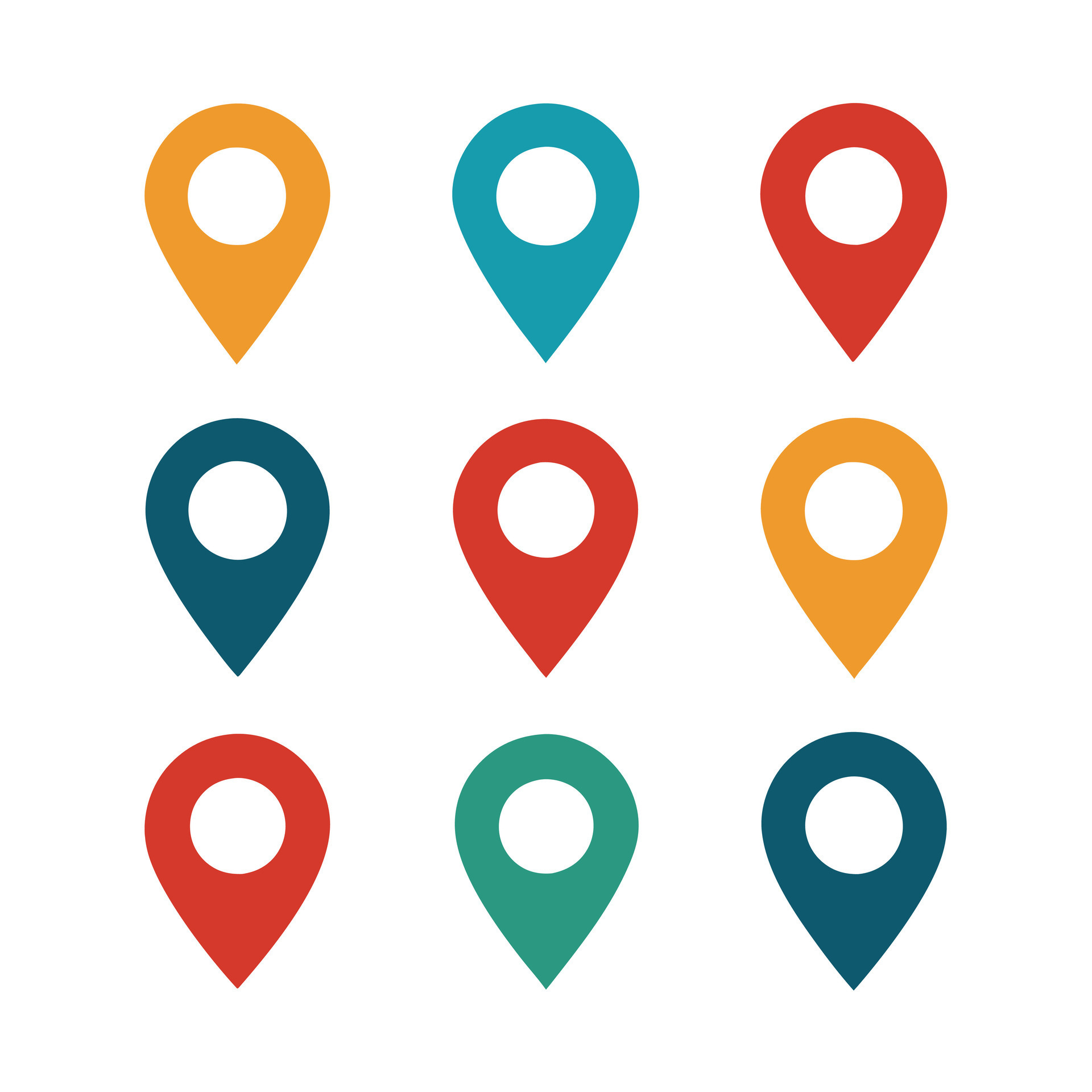 Nine Colorful Map Marker Icons In A Grid Pattern On A White Background